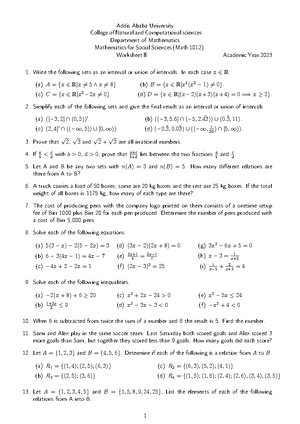 @freshmanexams Aastu Maths Worksheet 1 - College of Natural and Social ...