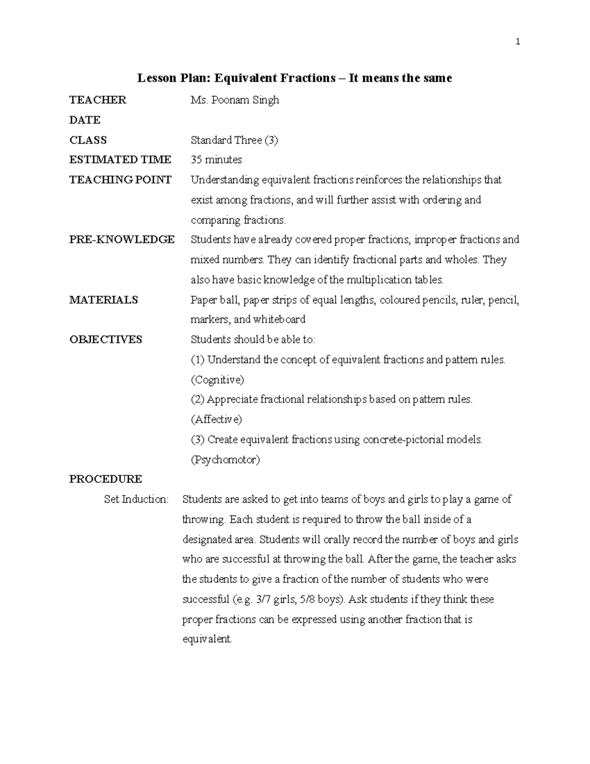Lesson Plan Equivalent Fractions Std 3 StuDocu
