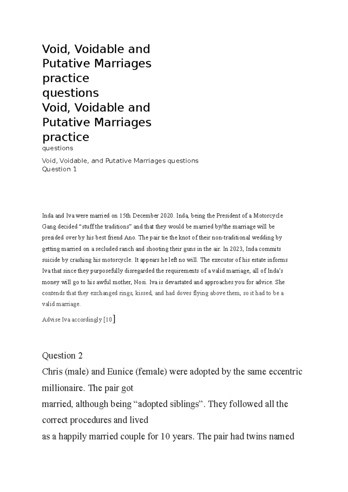 Void, voidable and putative marriages - Void, Voidable and Putative Marriages practice questions ...