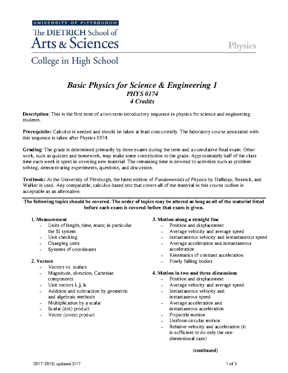 Phys0174 - 2017-2018; updated 5/17 1 of 3 Basic Physics for Science ...