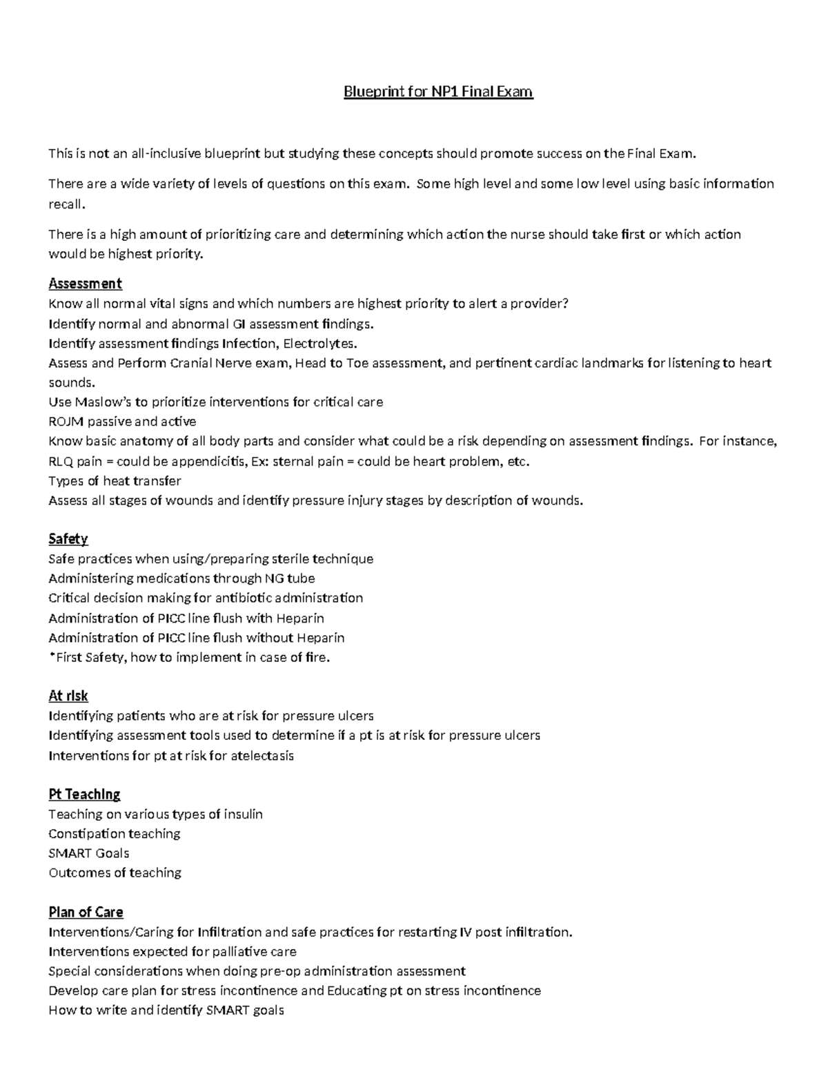 Updated Blueprint for NP1, Final - Blueprint for NP1 Final Exam This is ...