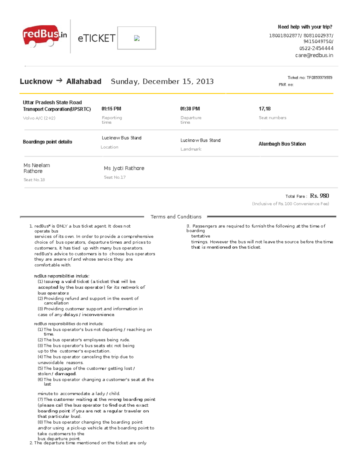 Redbus-ticket-format - PNR no: eTICKET Need help with your trip? 18001802877/ 8081002937/ - Studocu