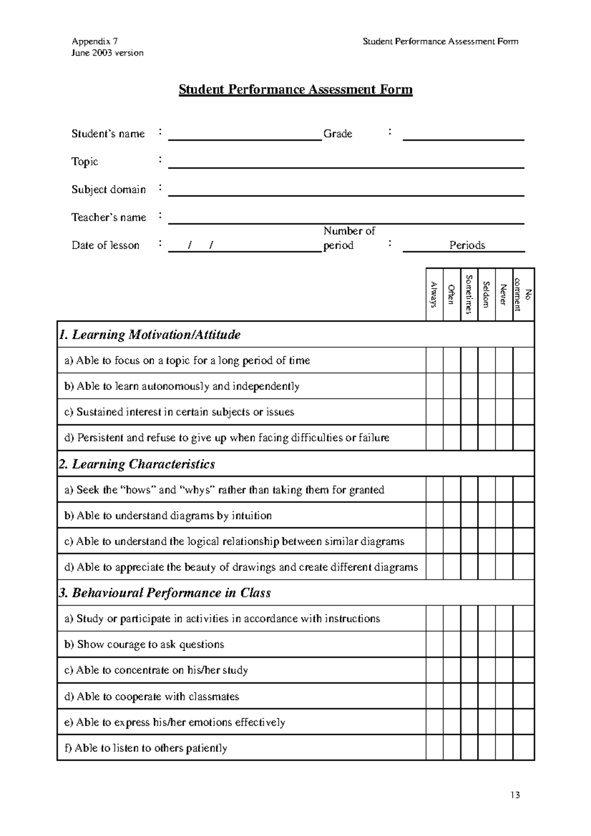 Students monitoring sheets - Appendix 7 Student Performance Assessment ...