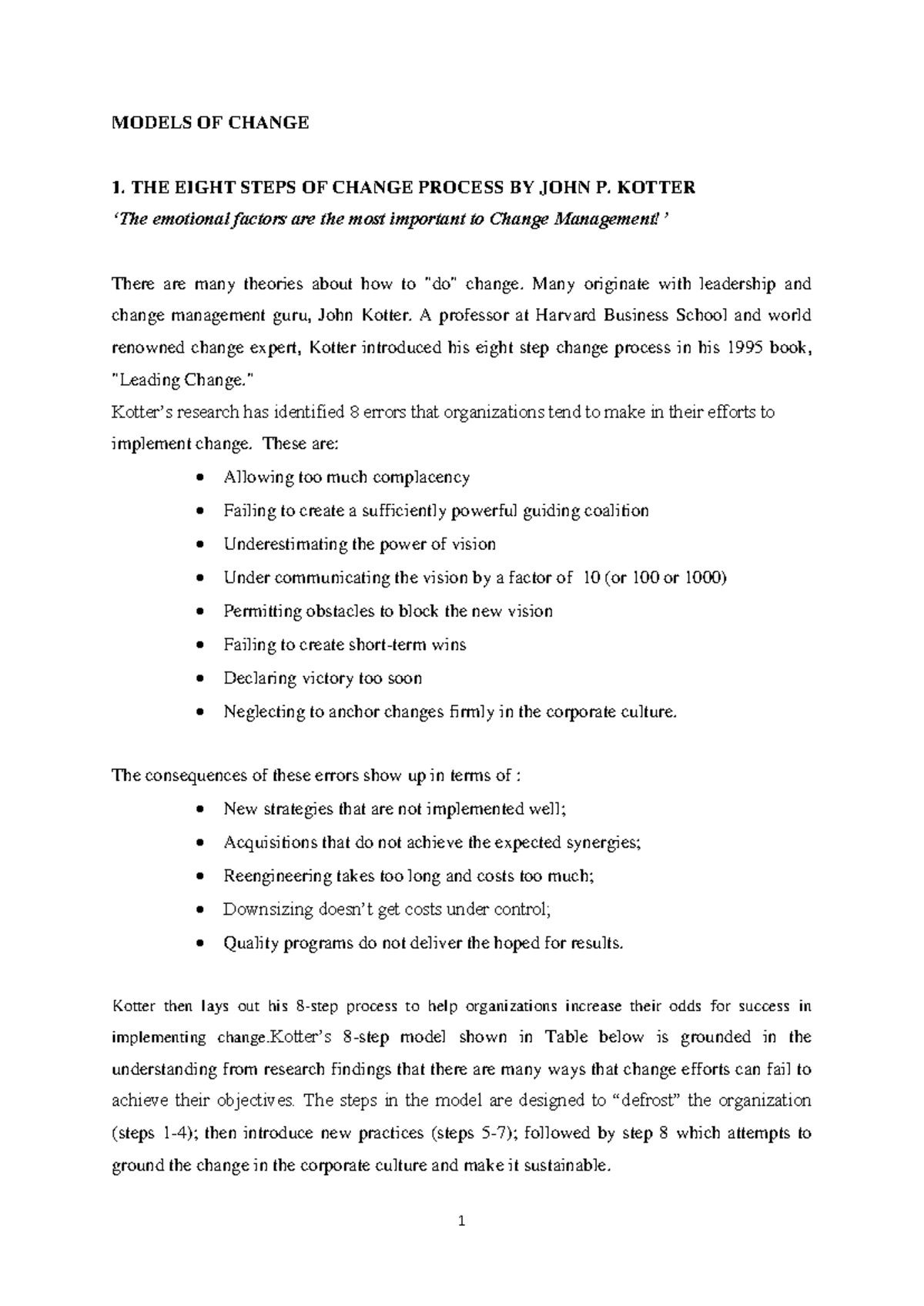 Chapter 4 - Models OF Change - MODELS OF CHANGE 1. THE EIGHT STEPS OF ...