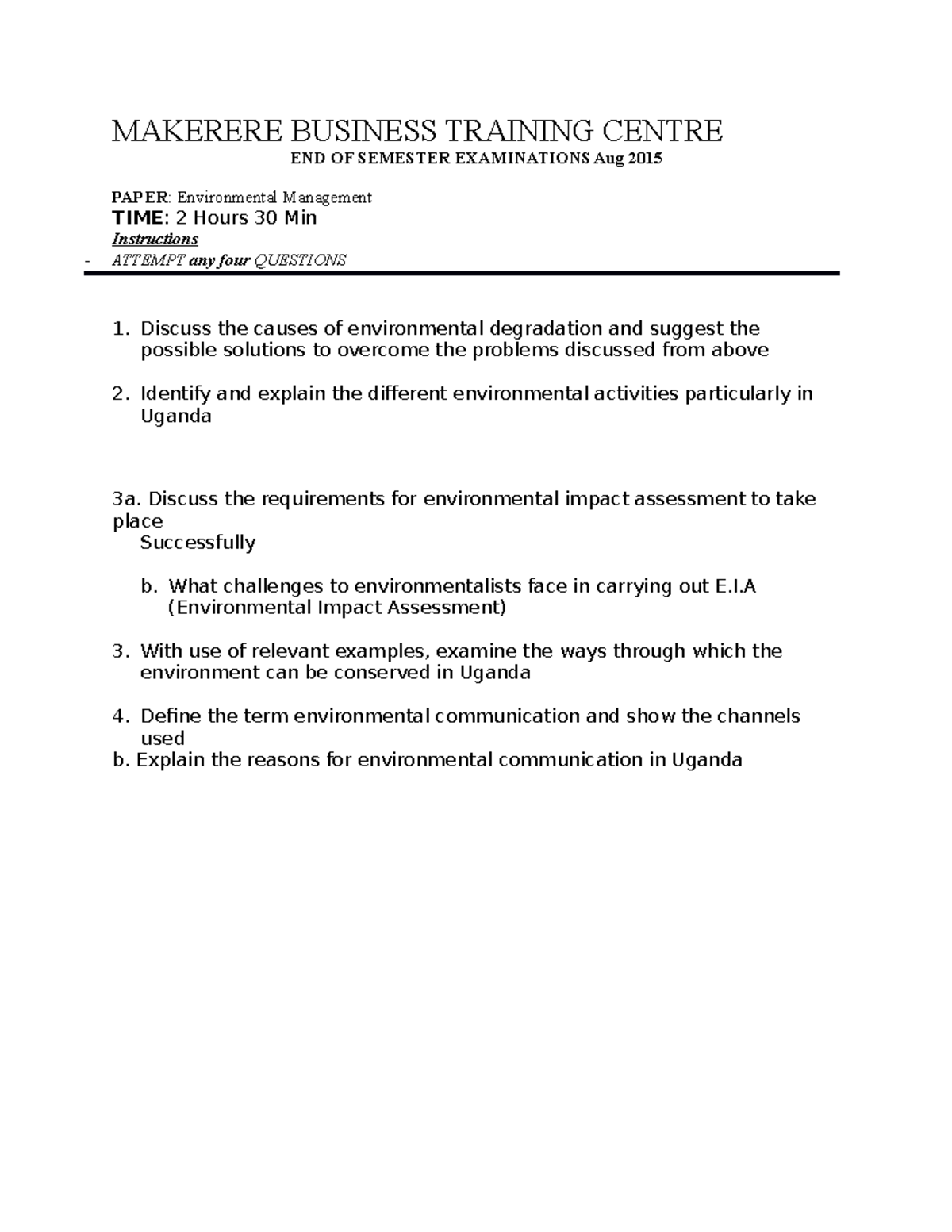 Environmental mgt - Read through these examination papers for the ...