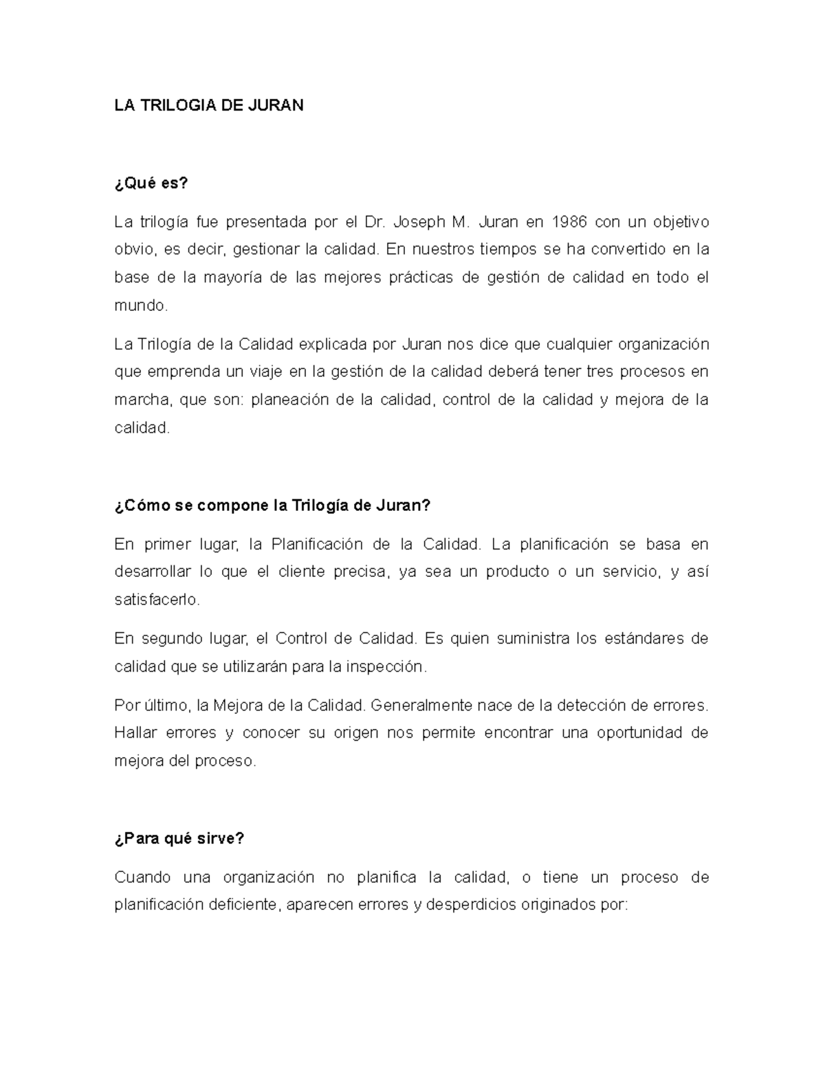 Act. 6 - La trilogia de juran - control total de la calidad - LA TRILOGIA DE JURAN ¿Qué es? La ...