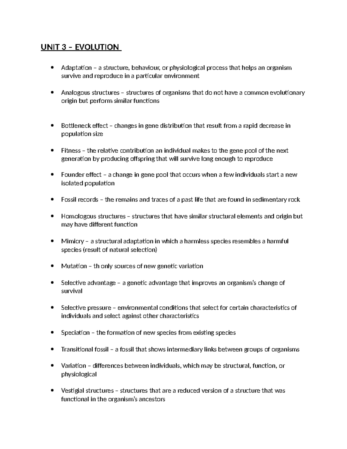 Evolution review - UNIT 3 – EVOLUTION Adaptation – a structure ...