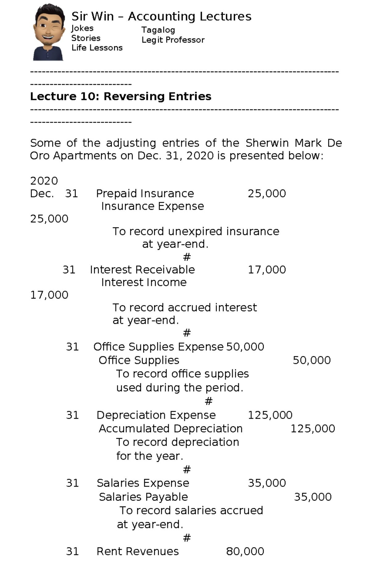 Lecture 10.Reversing Entries - Sir Win – Accounting Lectures Jokes ...