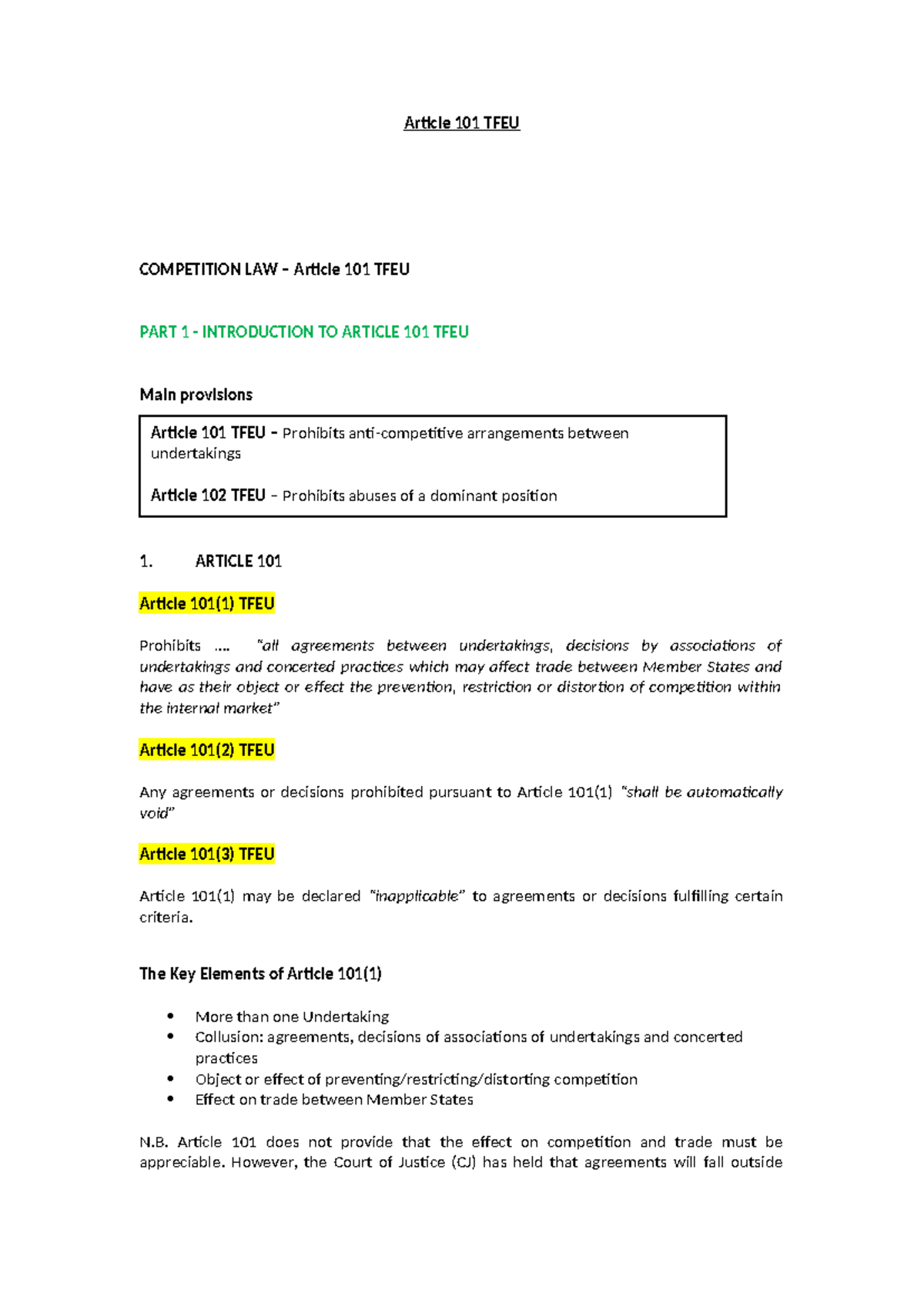 Understanding Article 101 TFEU in Competition Law - Article 101 TFEU COMPETITION LAW – Article ...