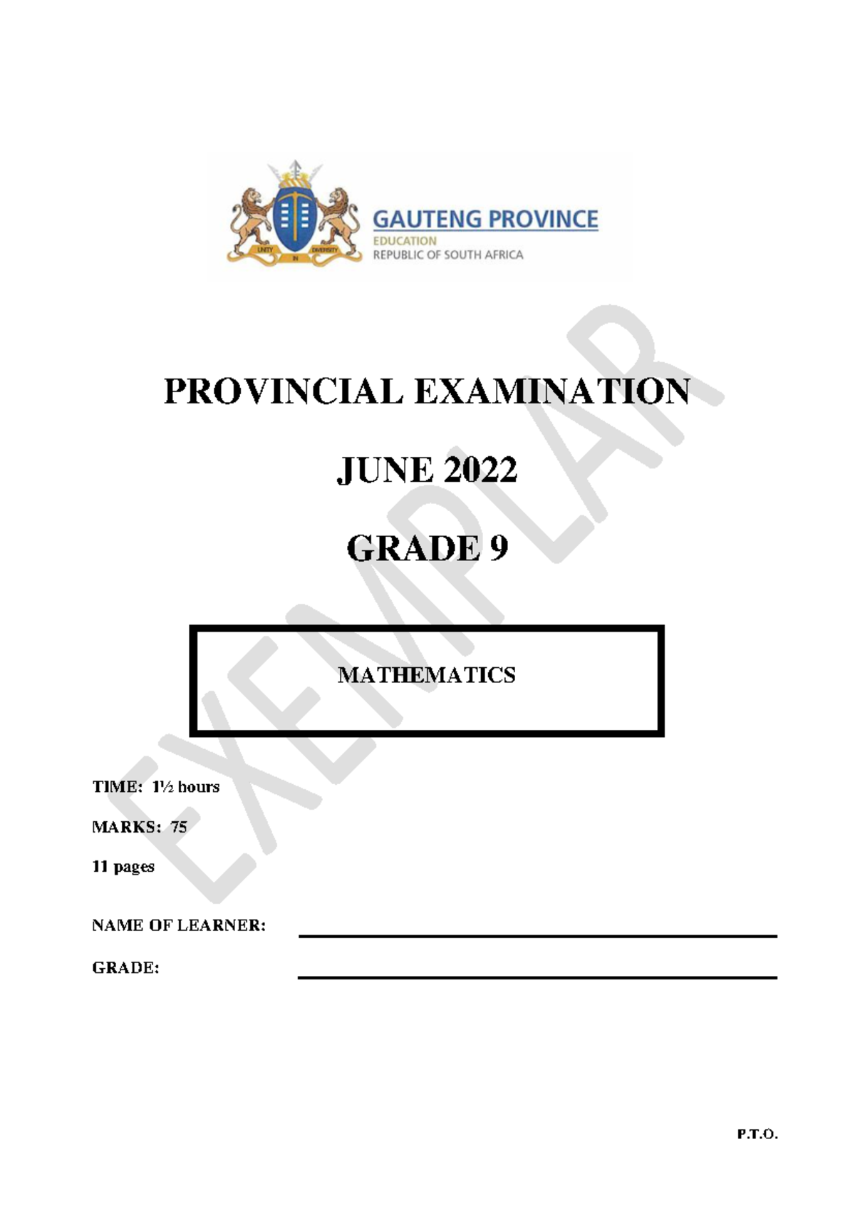 Grade 9 Provincial Examination Mathematics (English) June 2022 Question ...