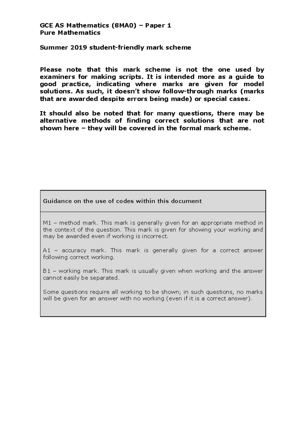 Edexcel AS Maths Paper 1 MS 2019 - GCE AS Mathematics (8MA0) – Paper 1 Pure Mathematics Summer ...