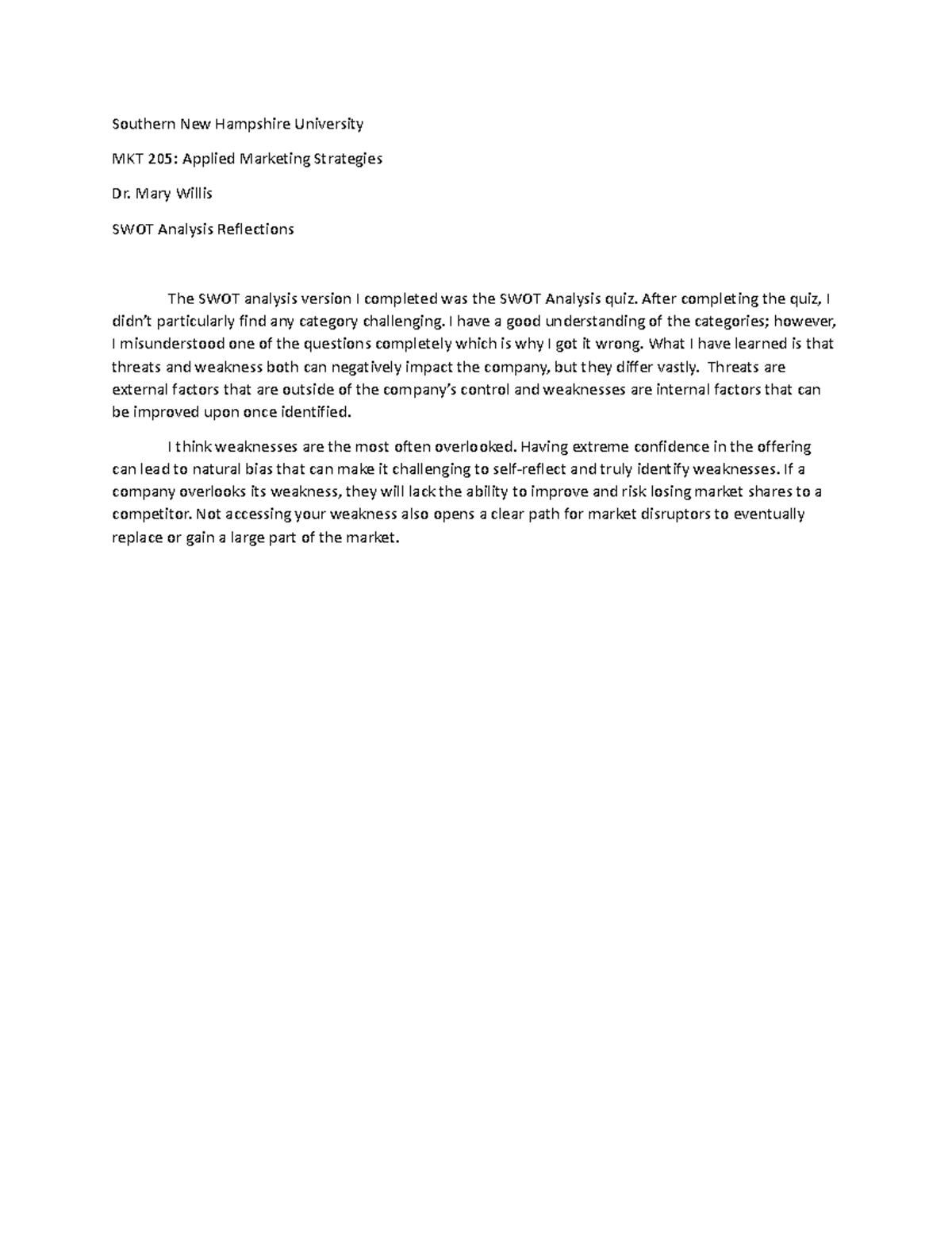 SWOT Reflection - Southern New Hampshire University MKT 205: Applied ...