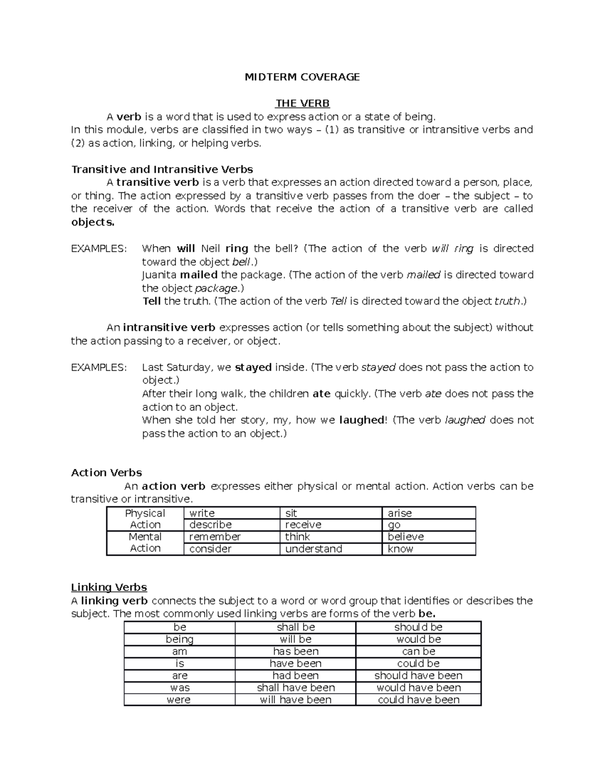 Midterm-ELT-102 - It is a lecture notes. - MIDTERM COVERAGE THE VERB A ...