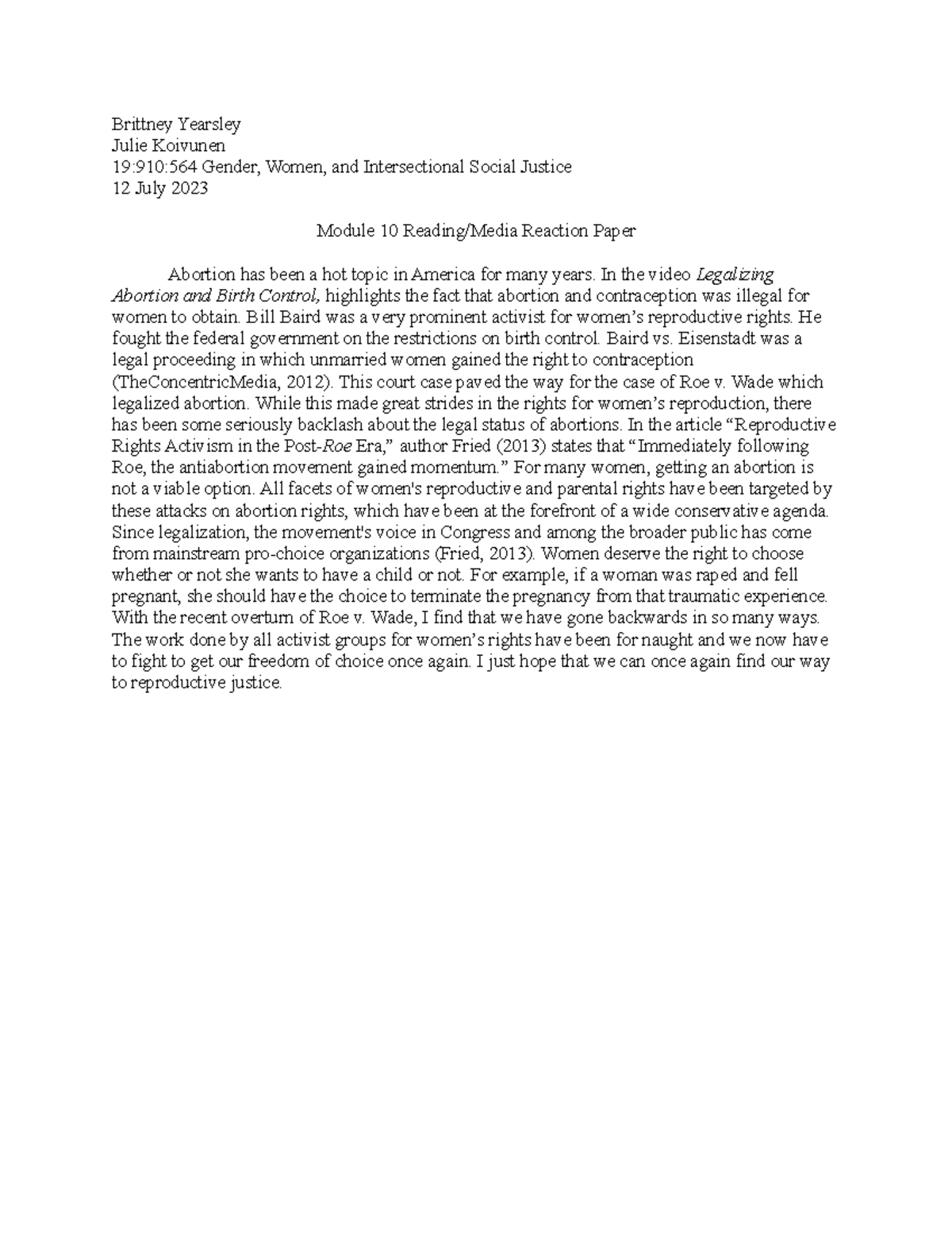 Module 10 Reading:Media Reaction Paper - Brittney Yearsley Julie ...