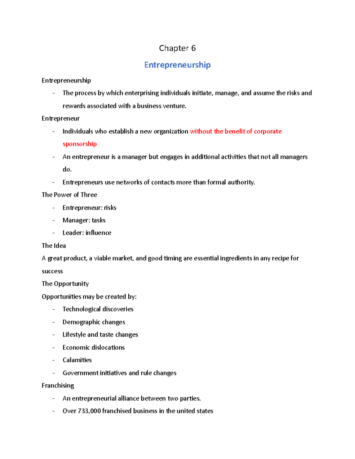 BUSI 310 - Ch 6 - Lecture notes 2 - Chapter 6 Entrepreneurship ...