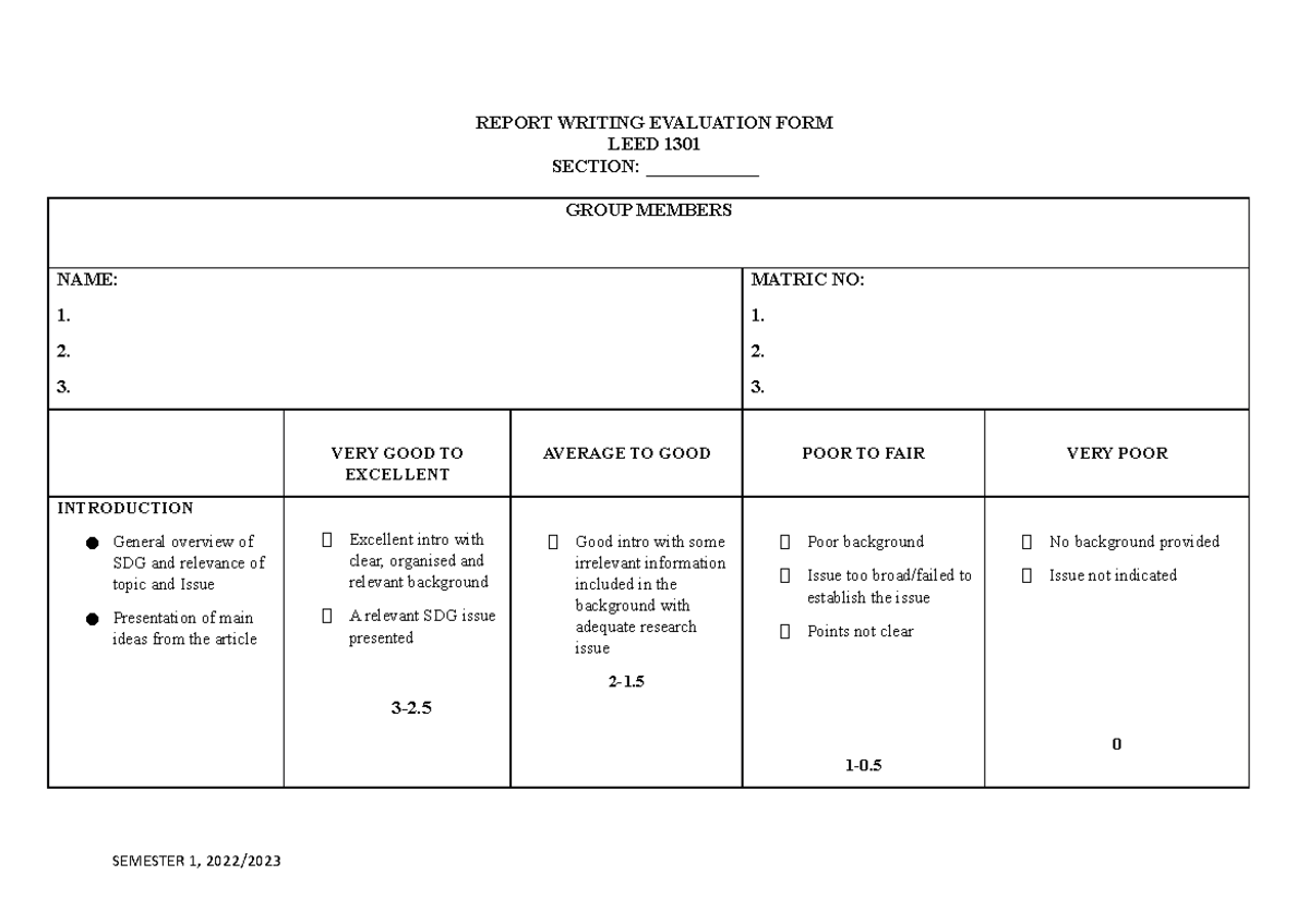 Report Writing Evaluation FORM Semester 3 20212022 - REPORT WRITING ...