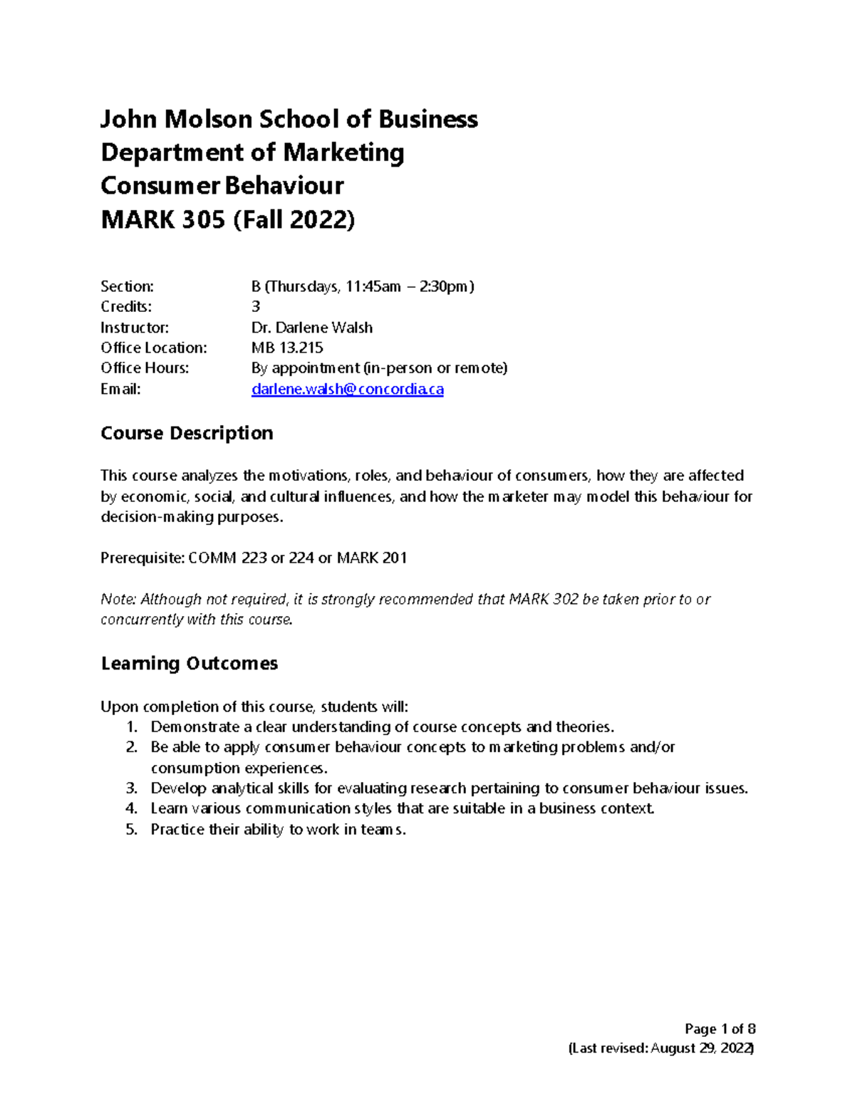 Course outline (MARK 305, Fall 2022) - Page 1 of 8 John Molson School ...