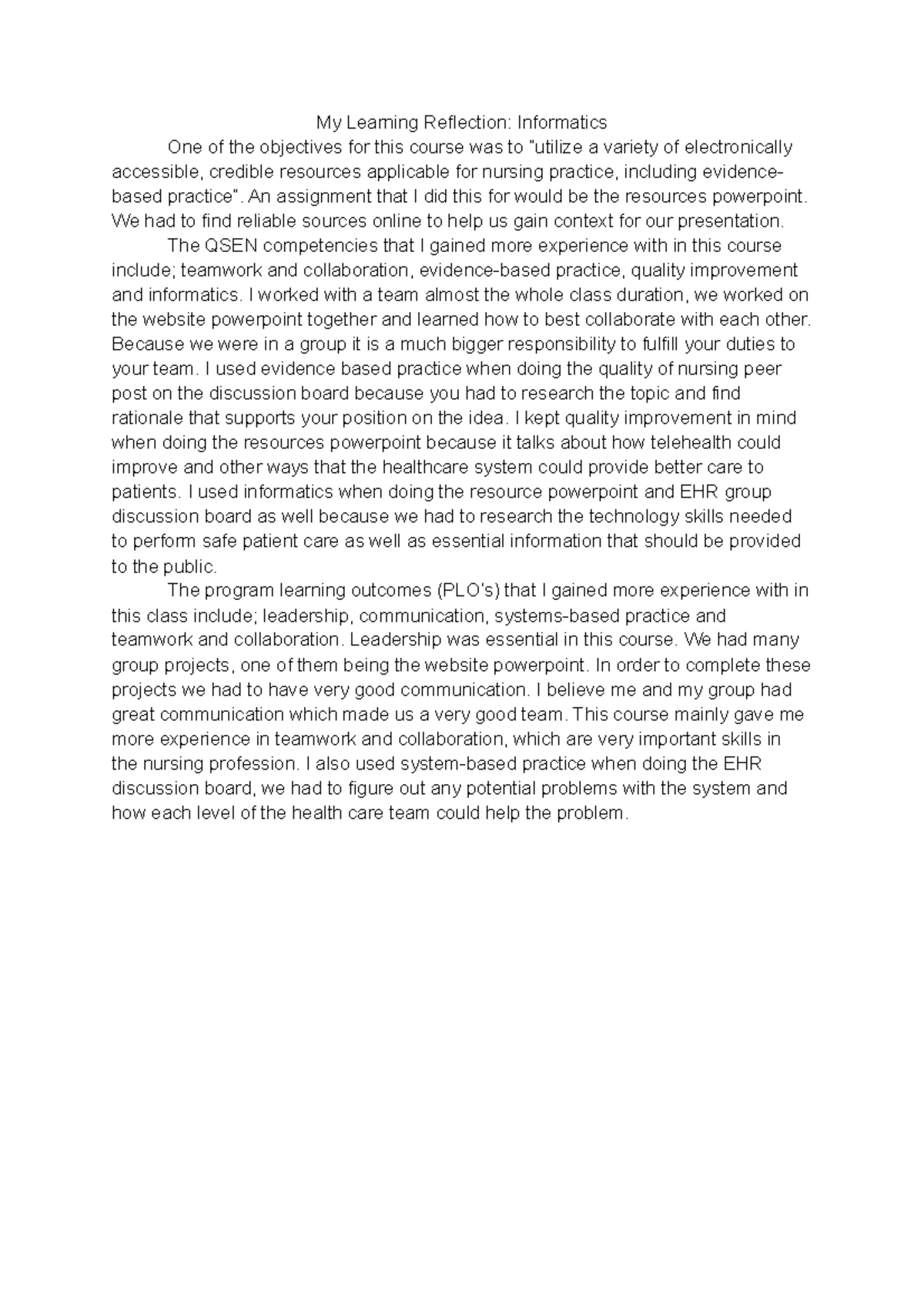 My Learning Reflection Informatics - An assignment that I did this for ...