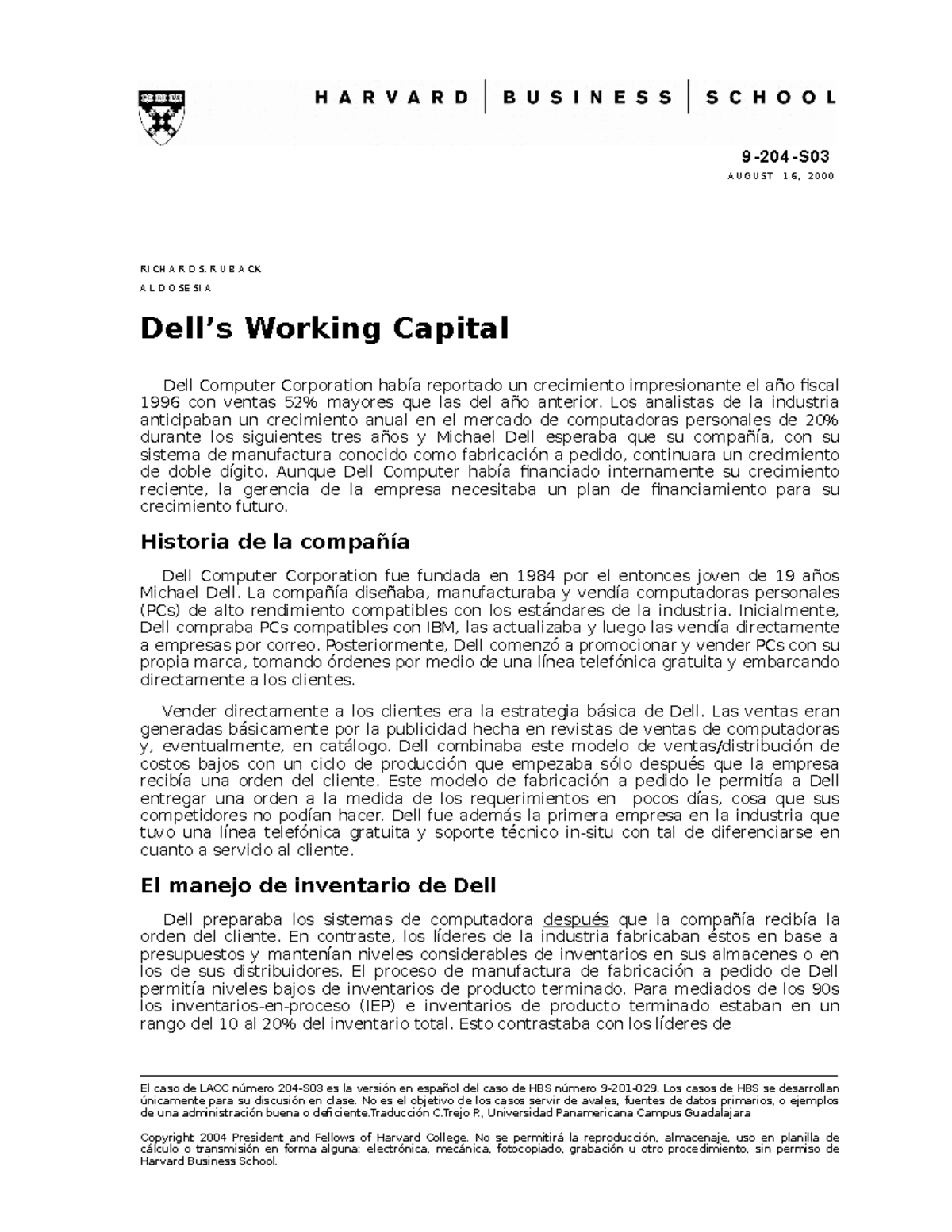 Dell’s Working Capital - 9-204-S A U G U S T 1 6 , 2 0 0 0 RI CH A R D ...