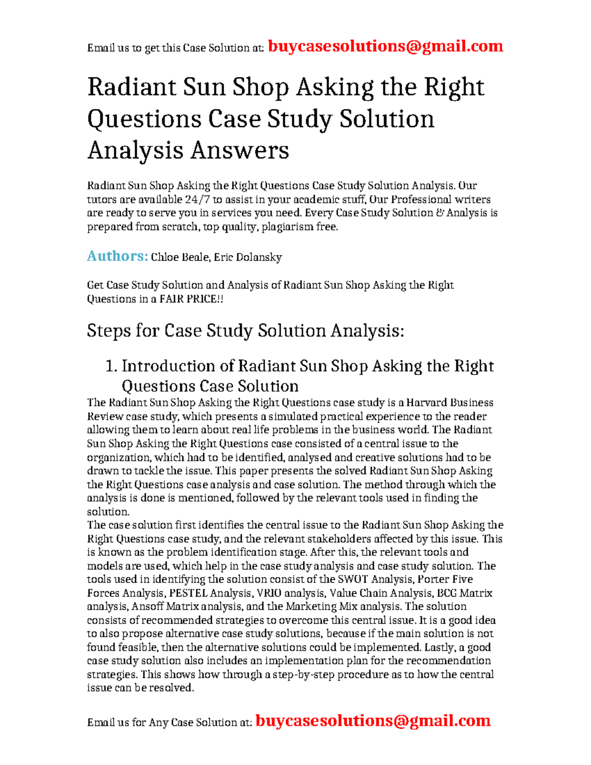 Case Solution Radiant Sun Shop Asking the Right Questions - Radiant Sun ...