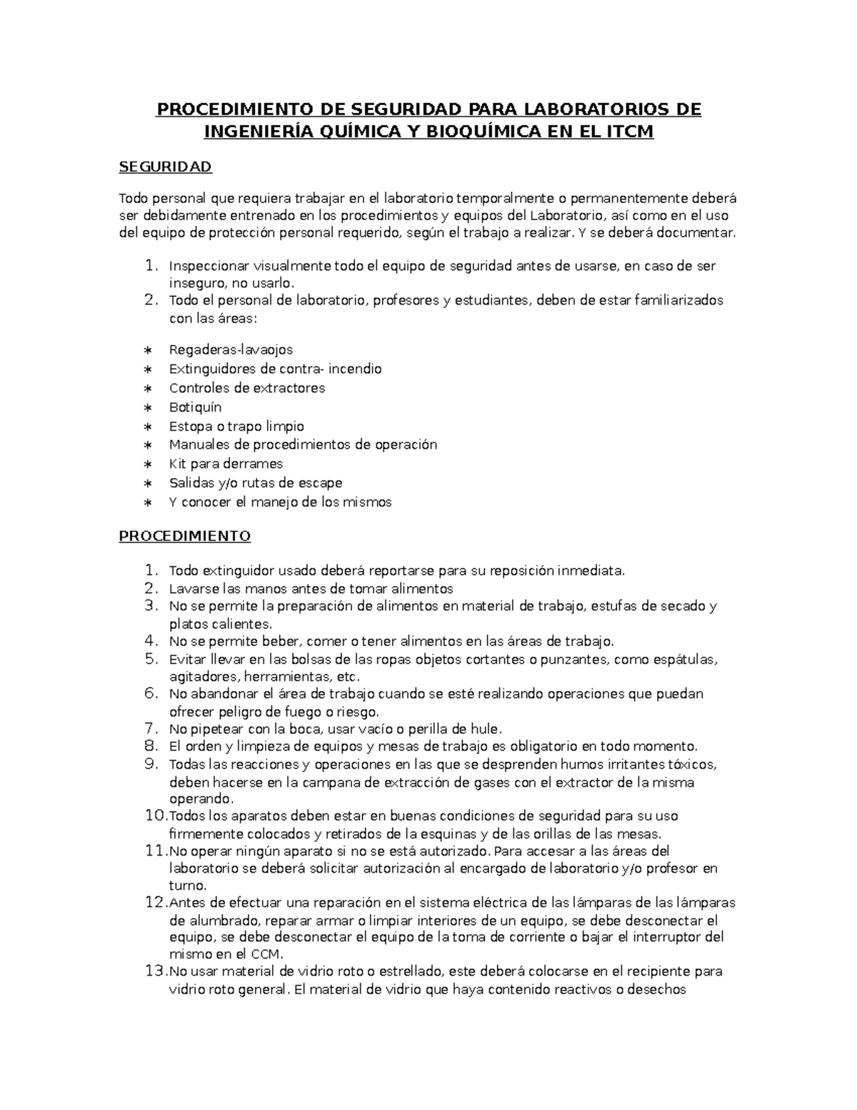 Proc de seguridad - PROCEDIMIENTO DE SEGURIDAD PARA LABORATORIOS DE ...
