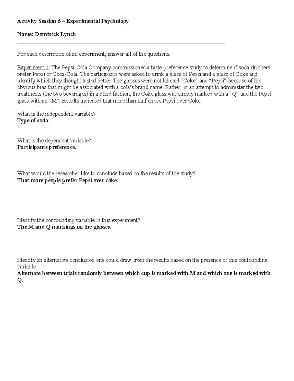 Activity lesson 6 - Activity Session 6 – Experimental Psychology Name ...