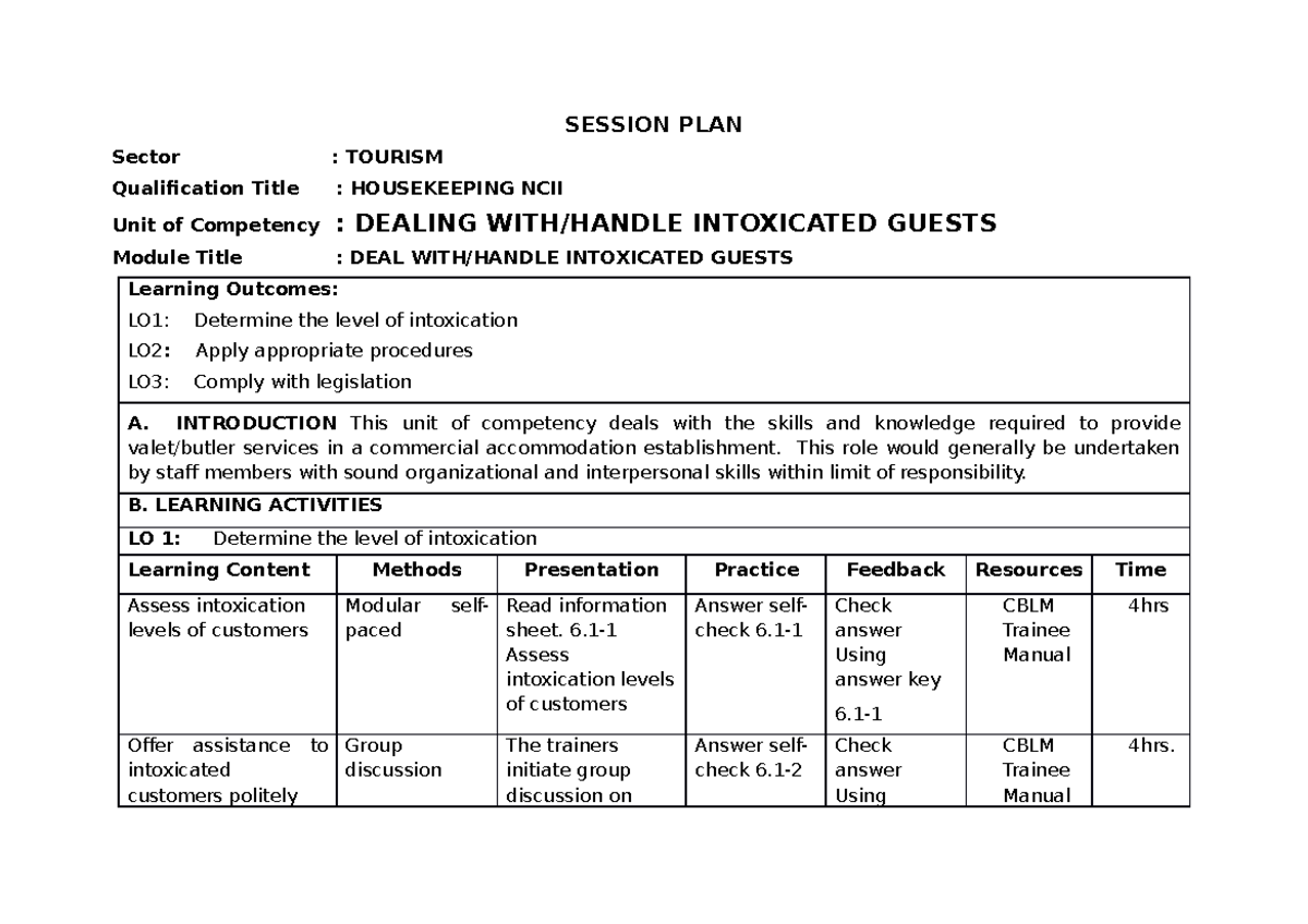 UC 6 Deal with intoxicated guest - SESSION PLAN Sector : TOURISM ...