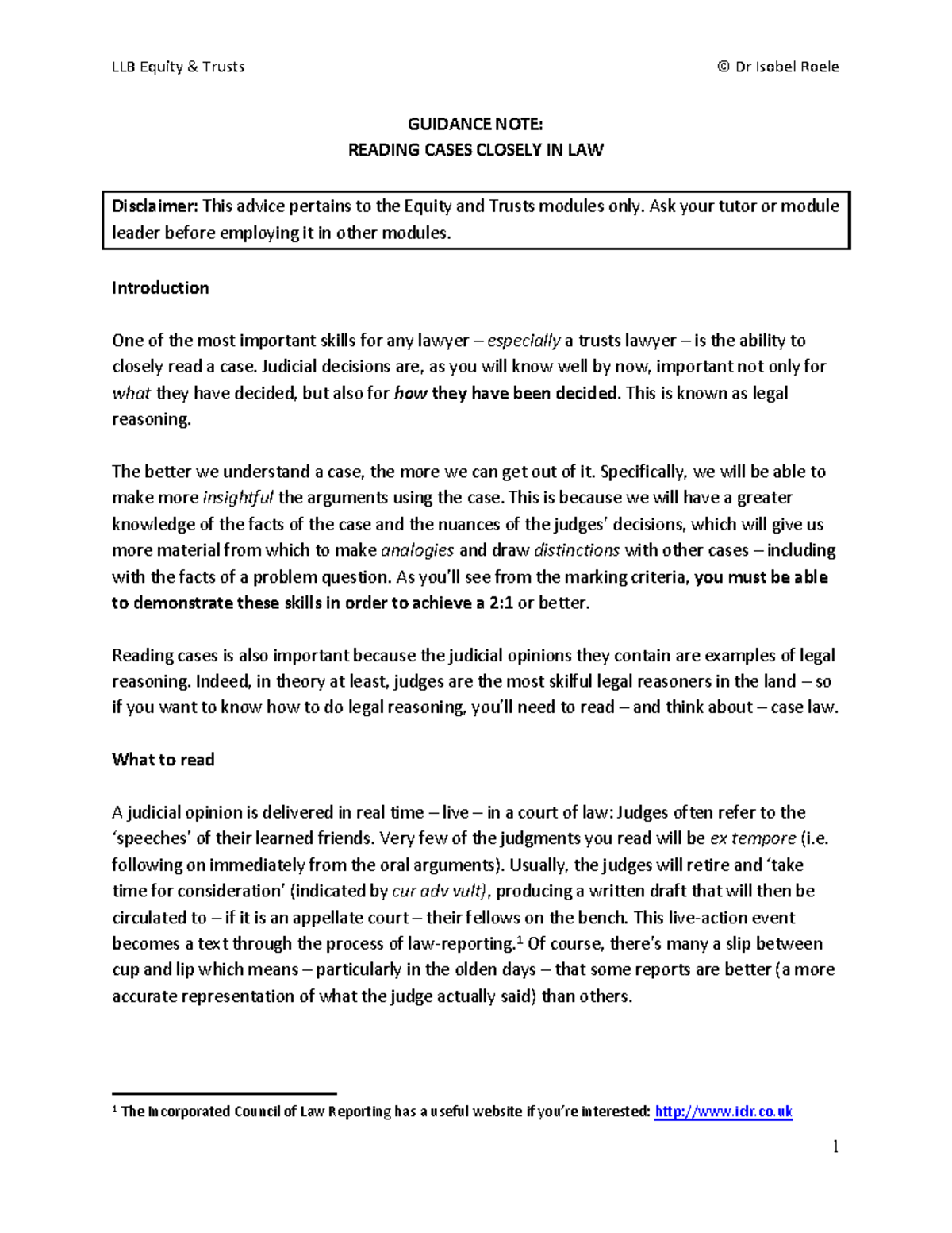 Final ET Guidance Note - Close Reading - GUIDANCE NOTE: READING CASES ...