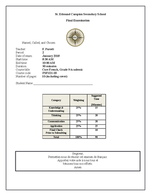 Core French - Grade: 9 - High School - Canada - Studocu