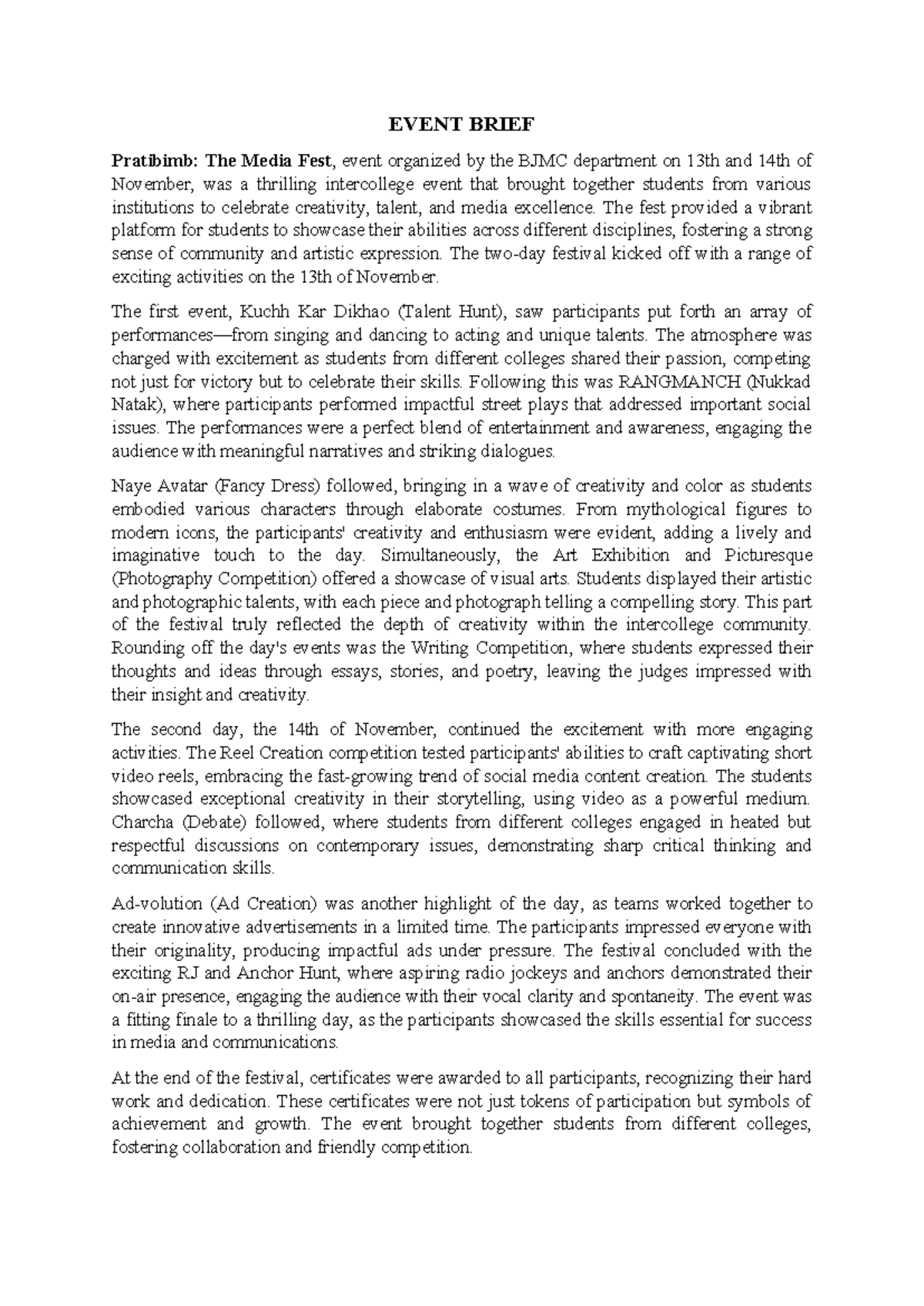 Event Management file - EVENT BRIEF Pratibimb: The Media Fest, event ...