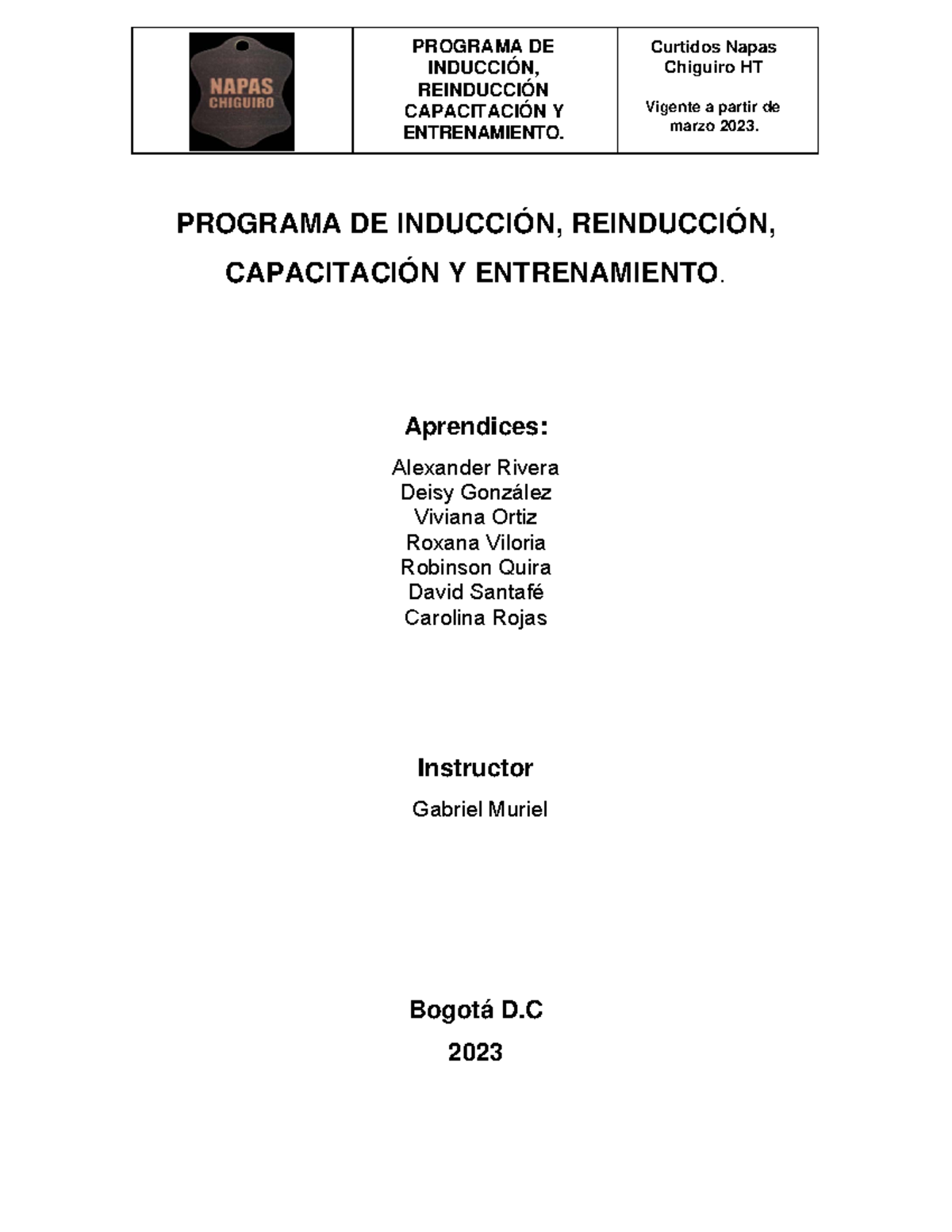 Programa Induccion Reinduccion Cap y Entrenamiento - Curtidos Napas Chiguiro HT PROGRAMA DE ...