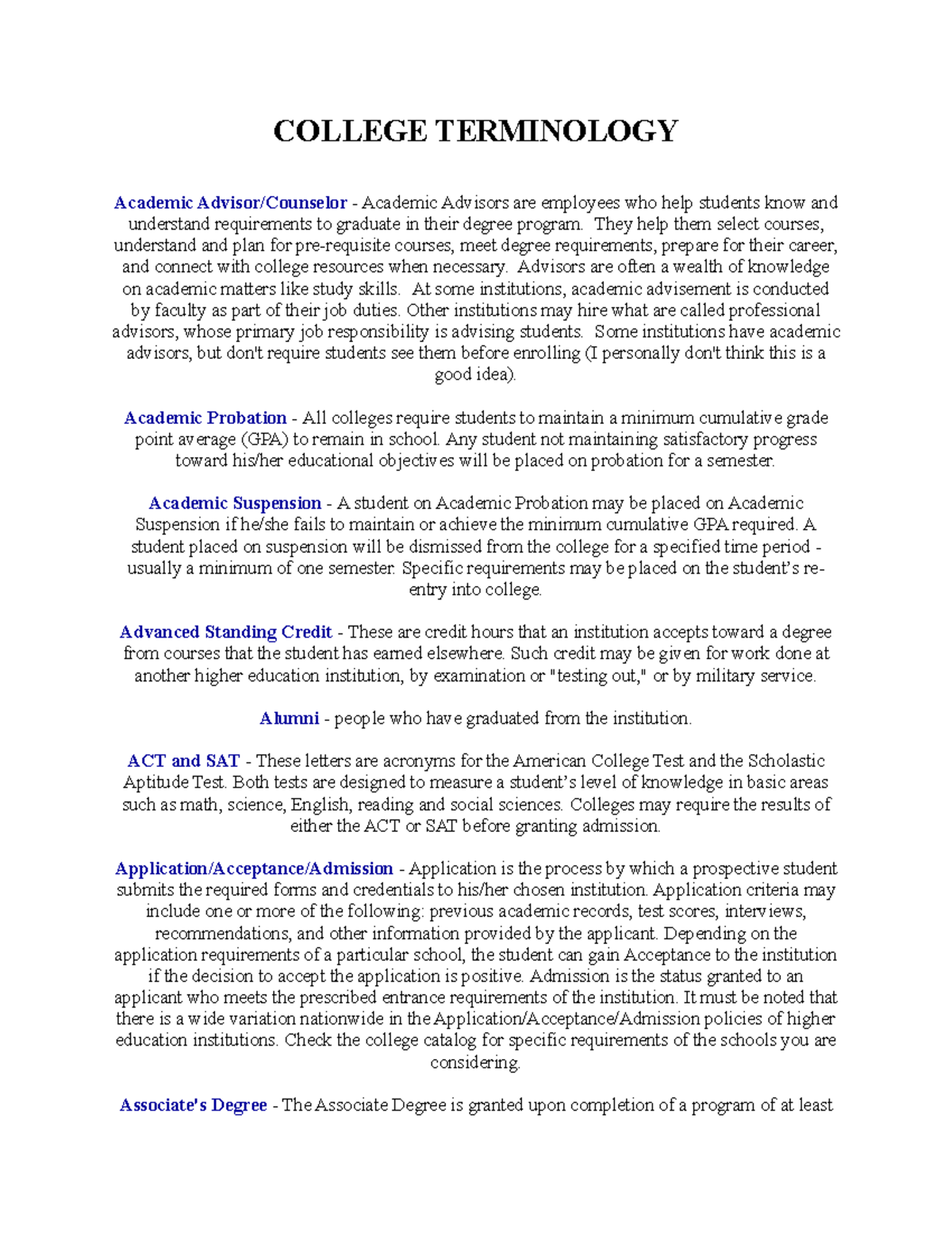 College Terminology (1) - COLLEGE TERMINOLOGY Academic Advisor ...