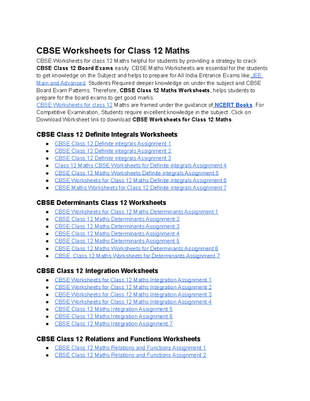 CBSE Worksheets for Class 12 Maths - CBSE Maths Worksheets are ...