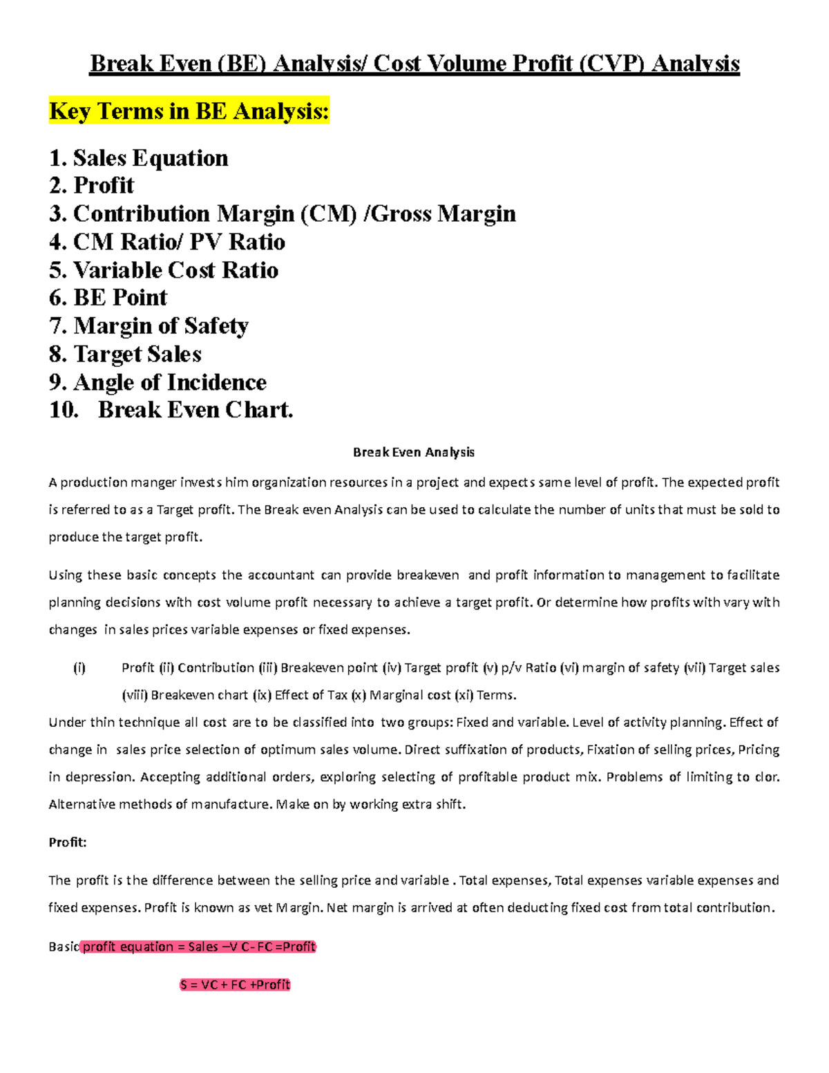 BEP Analysis.docx - Break Even (BE) Analysis/ Cost Volume Profit (CVP) Analysis Key Terms in BE ...