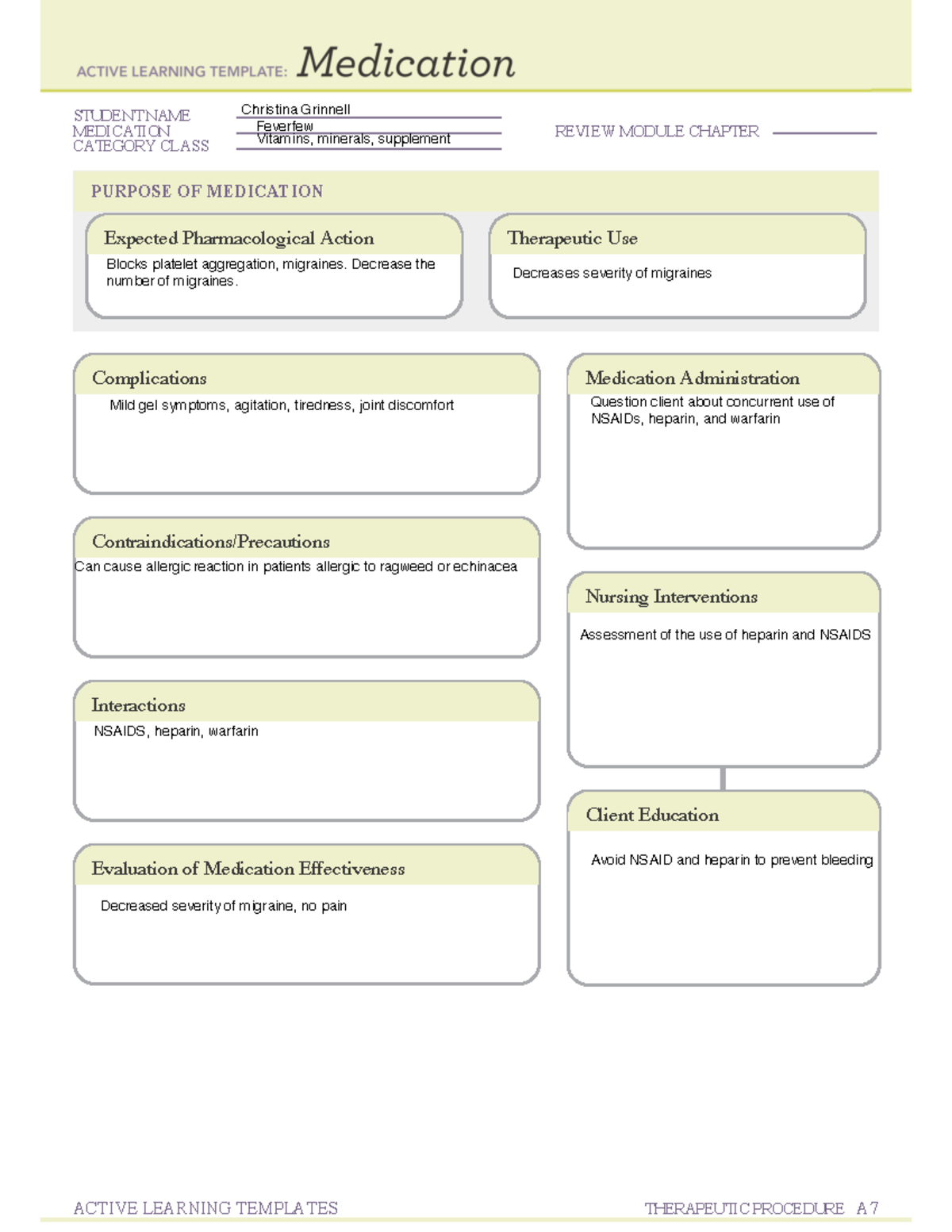 Medication form-+Feverfew+ 2 - STUDENT NAME MEDICATION REVIEW MODULE ...