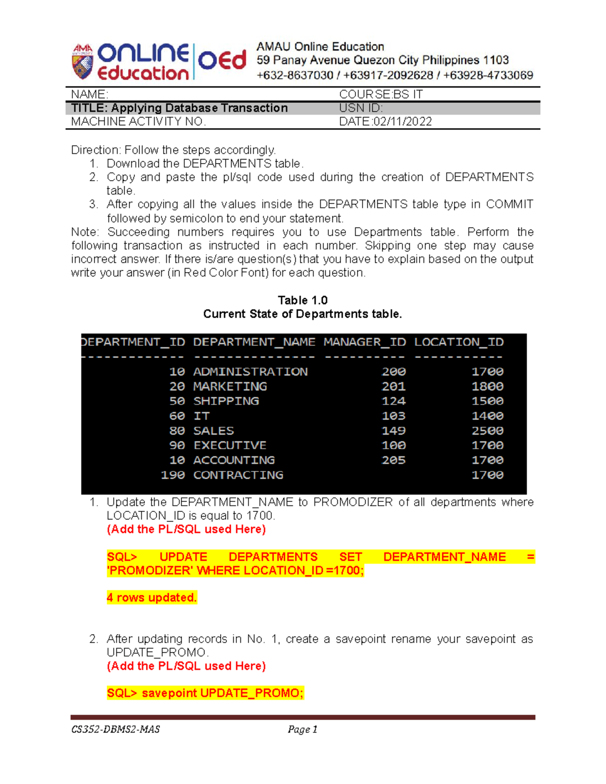 Laboratory Exercise 002 - Managing Users and Roles - TITLE: Applying Database Transaction USN ID ...