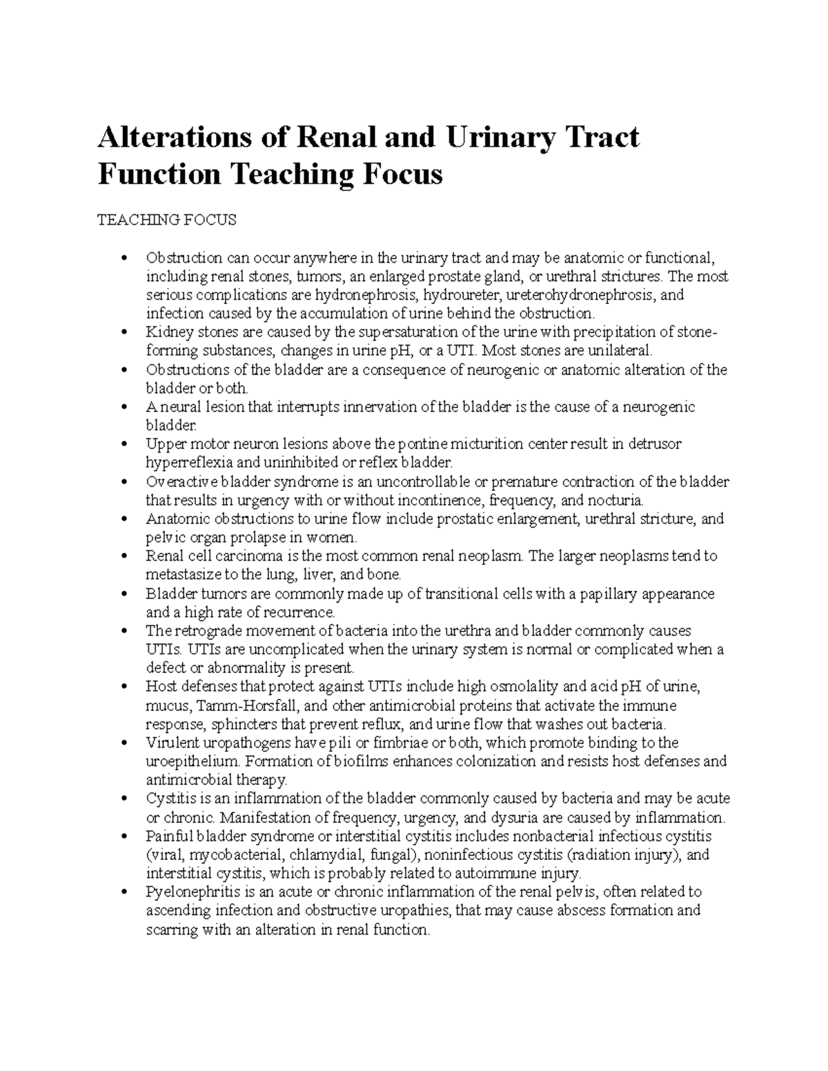 Alterations of Renal and Urinary Tract Function Teaching Focus ...