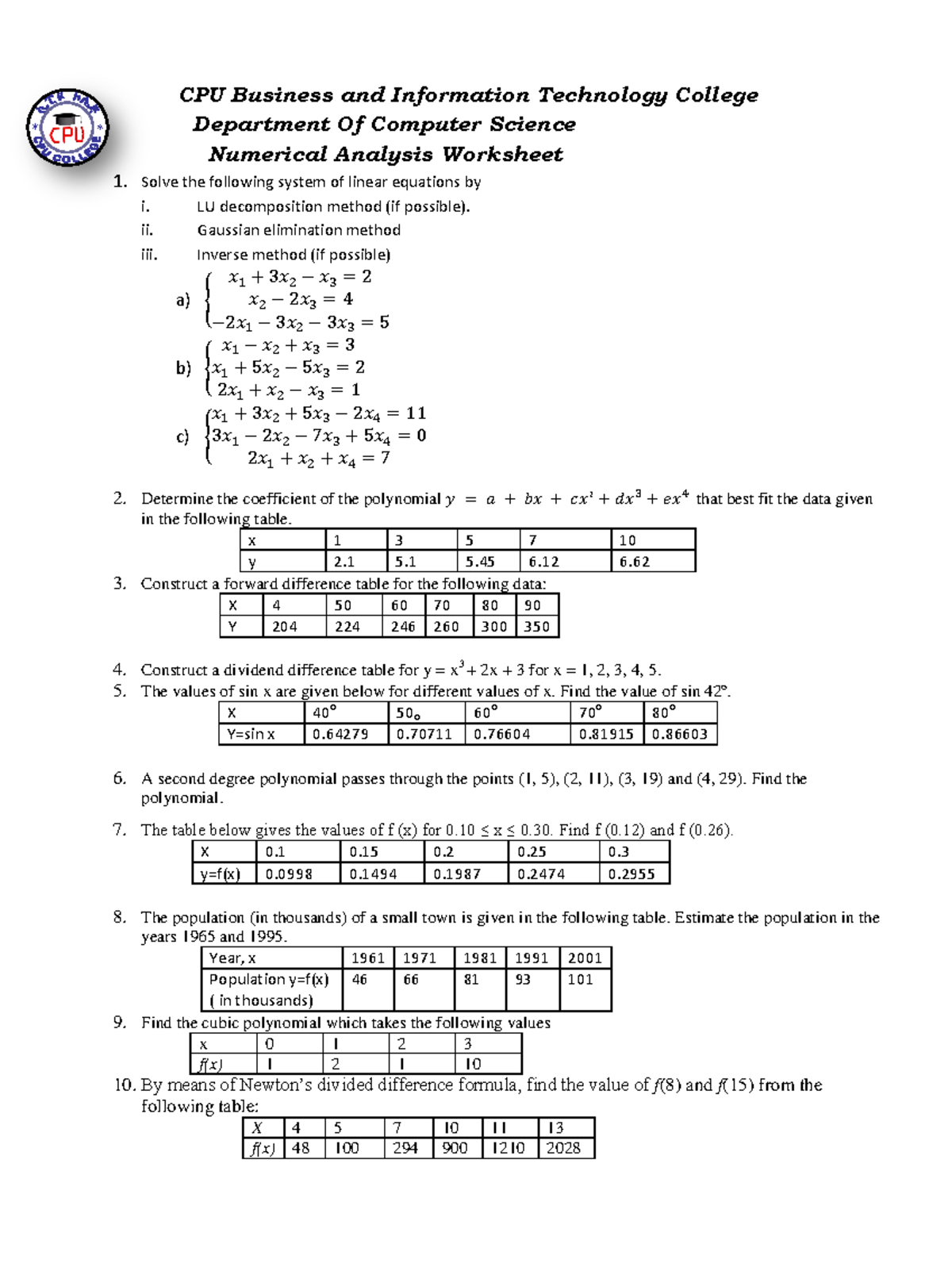 Numerical worksheet - * * CPU Business and Information Technology ...