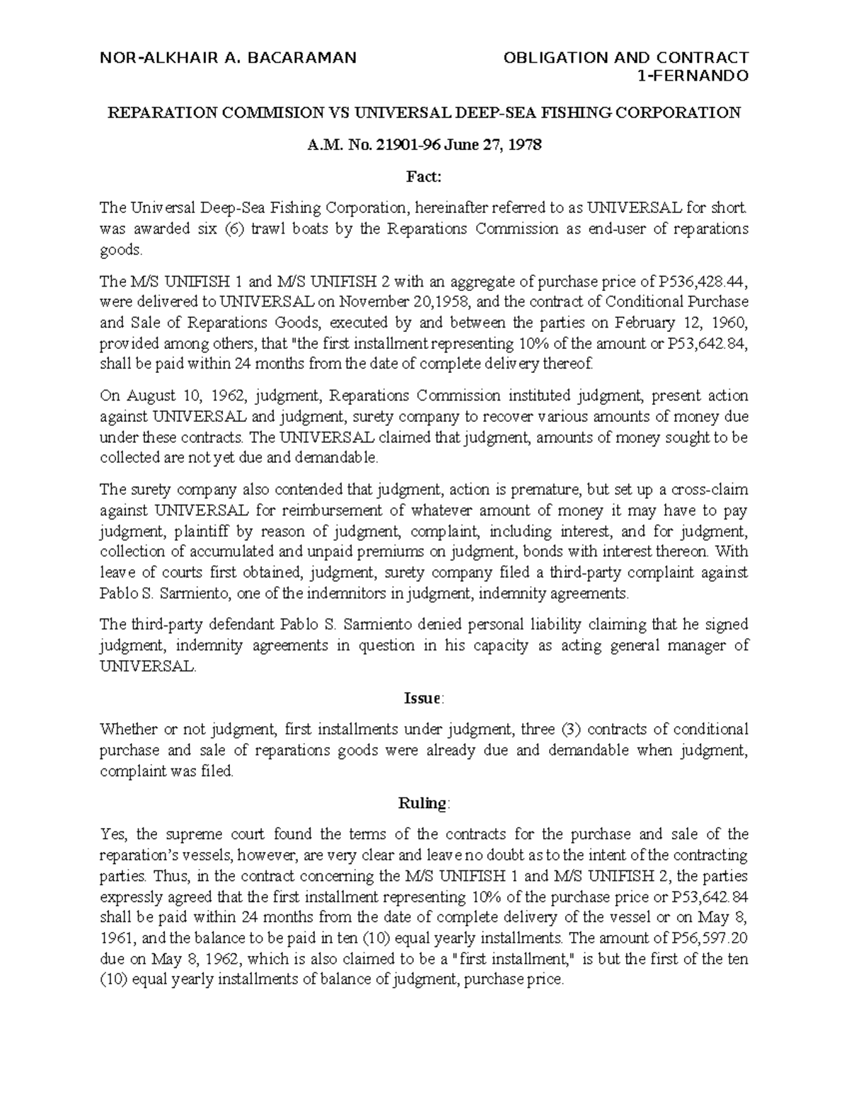Oblicon assigned cases con - NOR-ALKHAIR A. BACARAMAN OBLIGATION AND ...