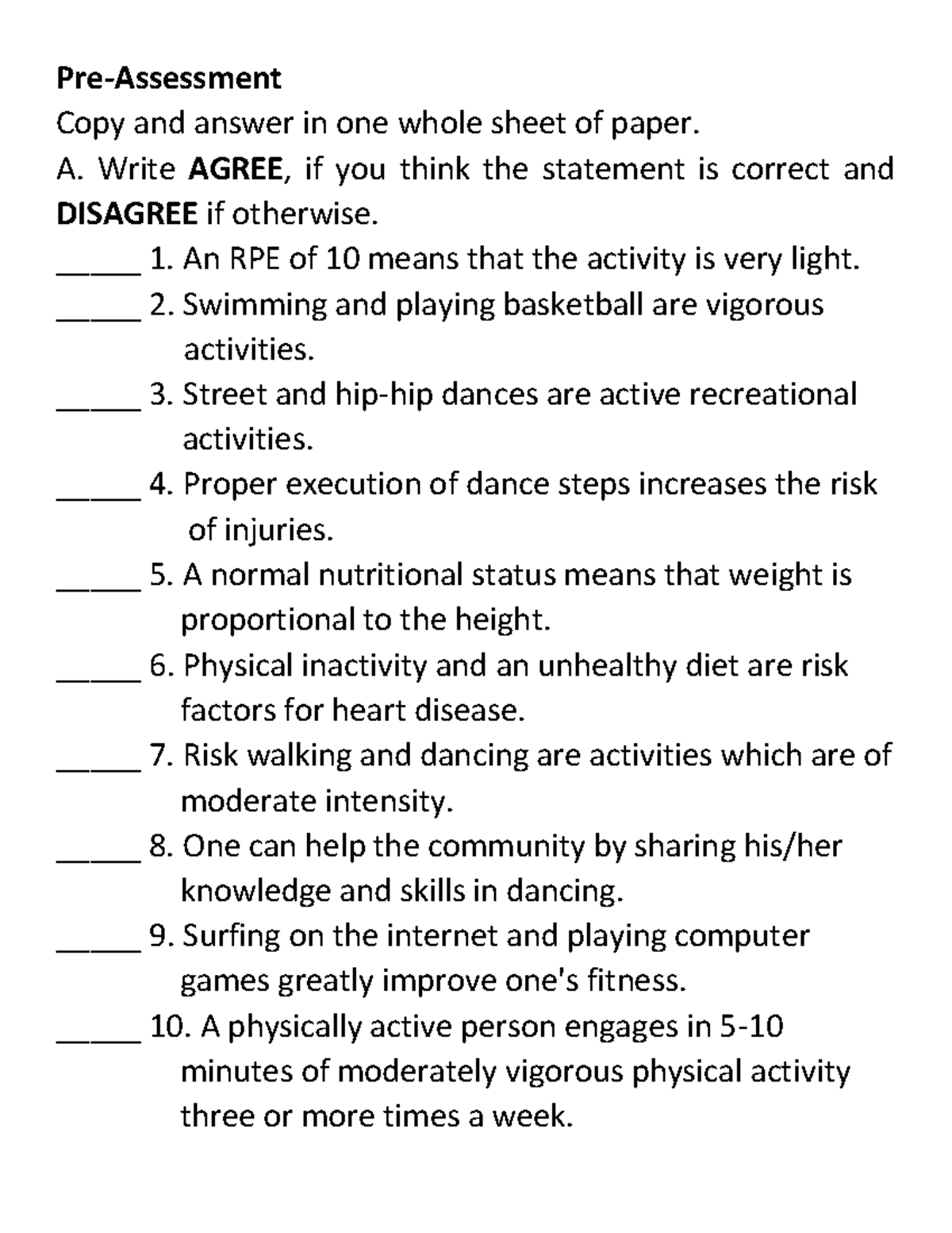 Pre-Assessment-PE - Pre-Assessment-PE - Pre-Assessment Copy and answer ...