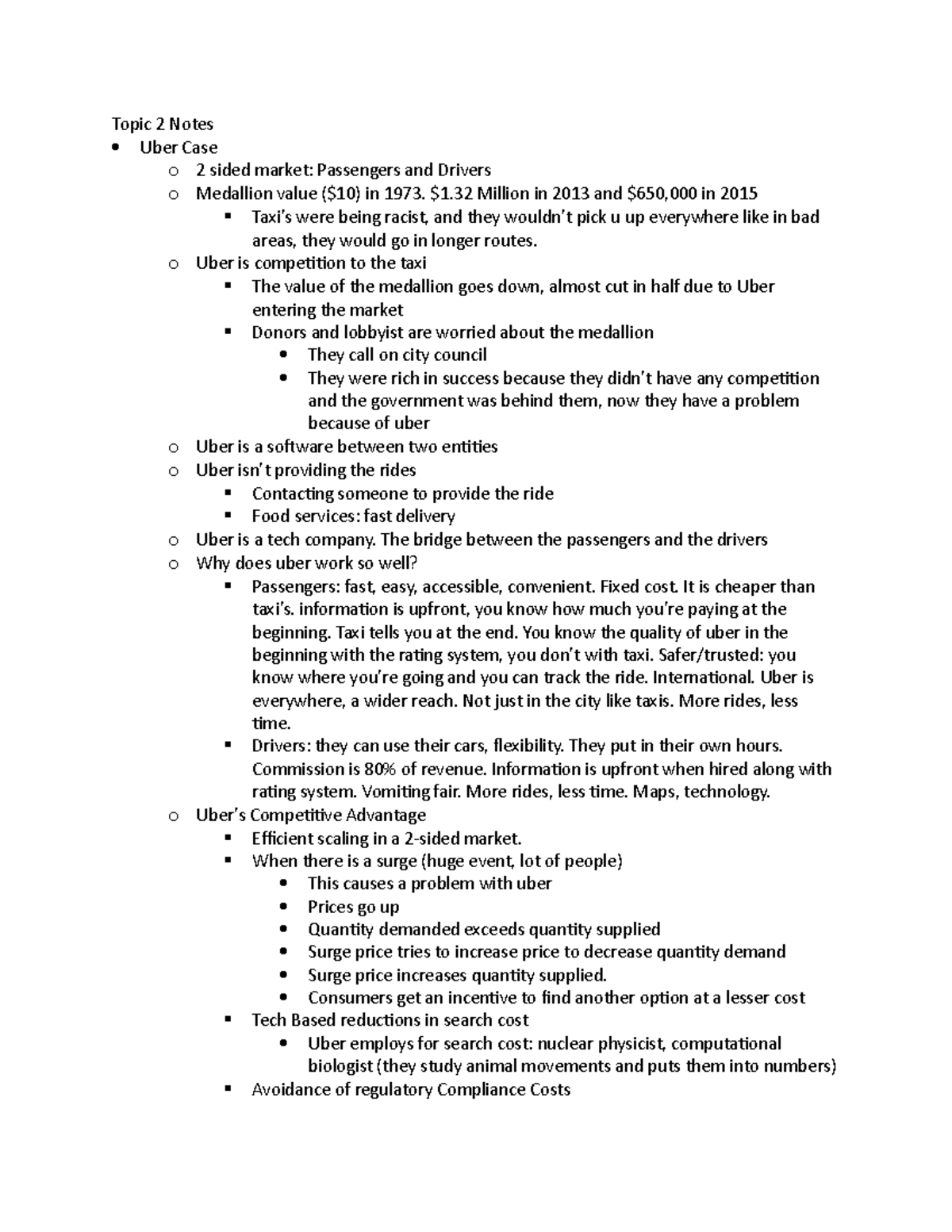 G202 Topic 2 Notes - Topic 2 Notes Uber Case o 2 sided market ...