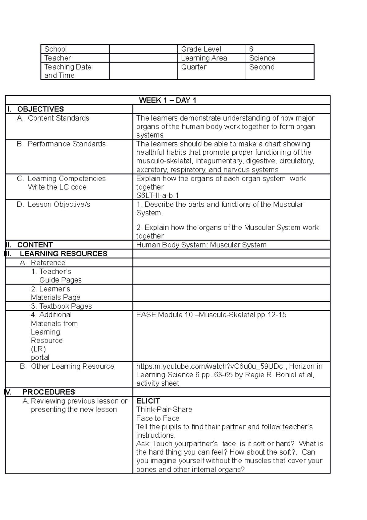 5E's - teaching - School Grade Level 6 Teacher Learning Area Science ...