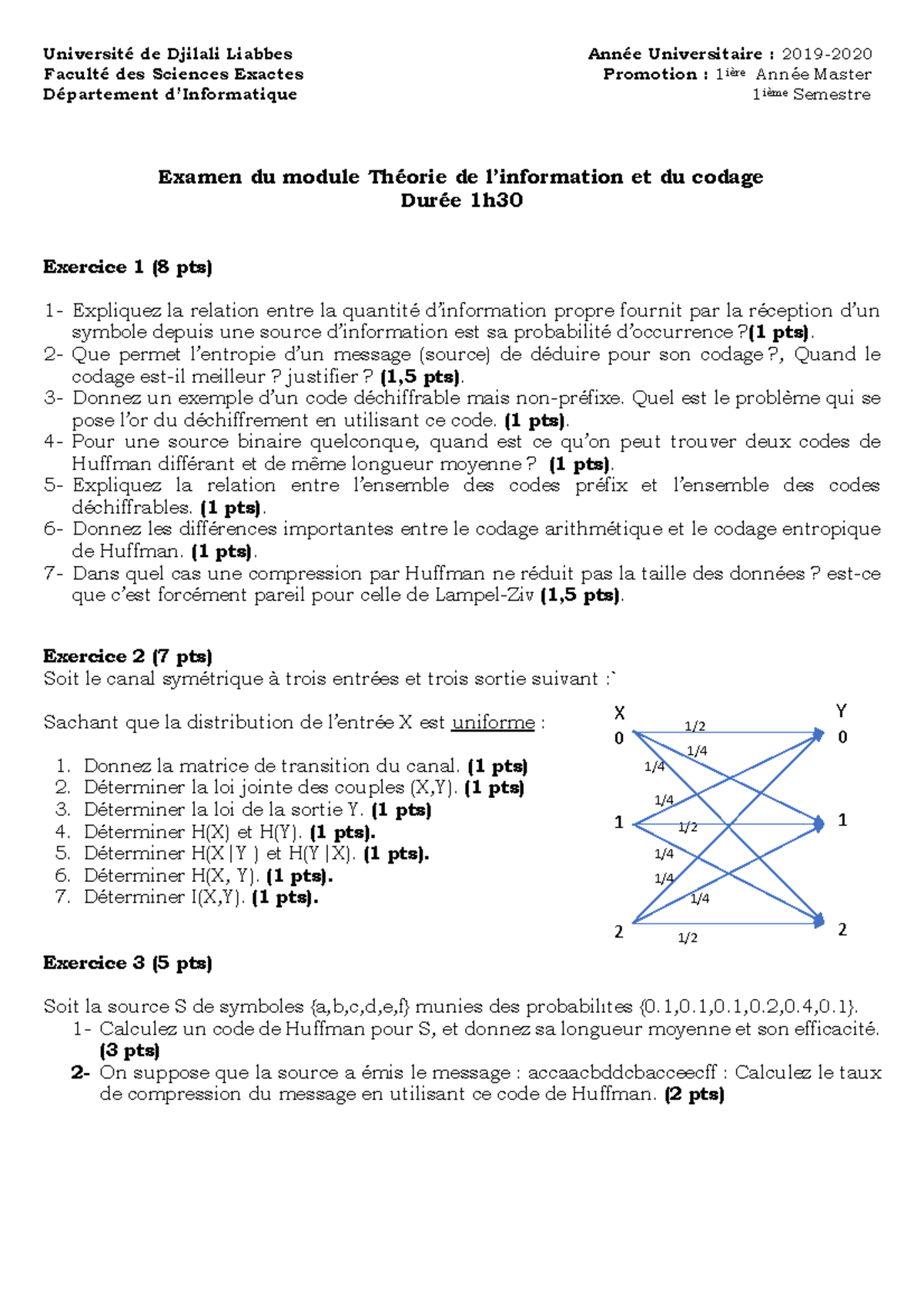 M1-Théorie de linfo et du codage - Université de Djilali Liabbes Année Universitaire : 2019 ...
