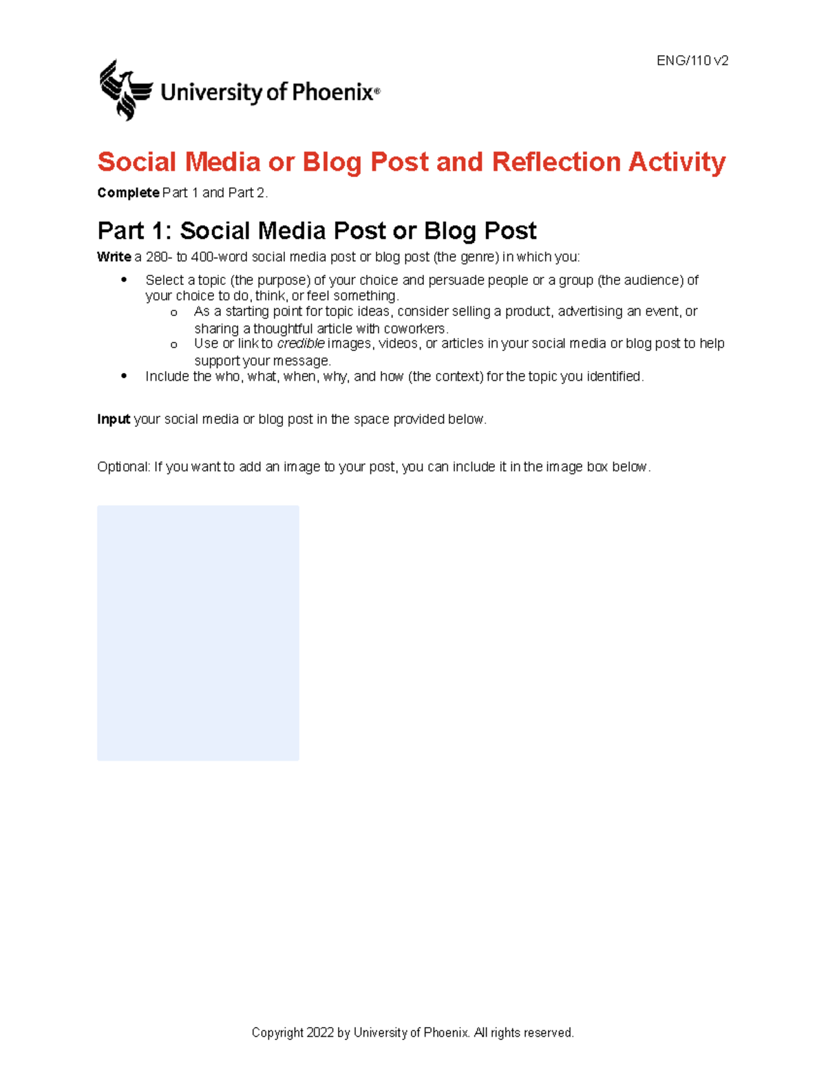 Eng 110 v2 wk3 social media blog post and reflection activity - ENG/110 ...