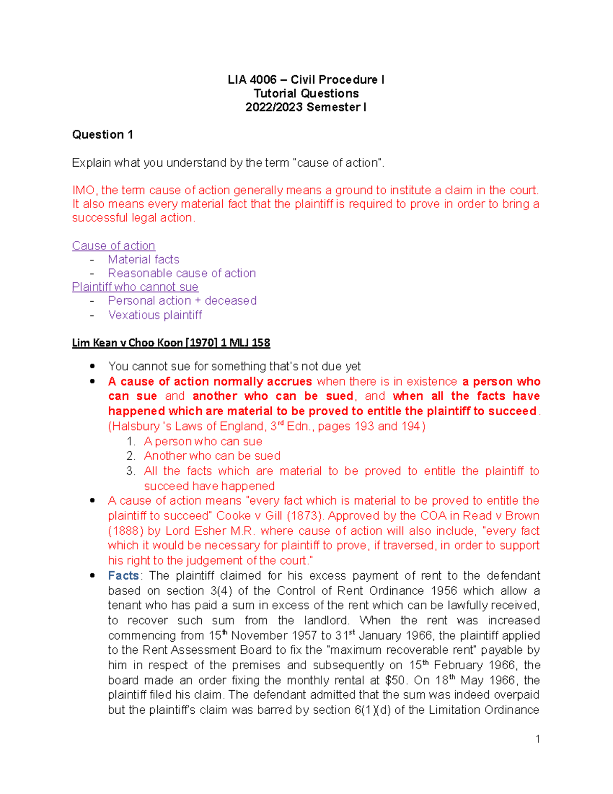 Tutorial Questions - LIA 4006 – Civil Procedure I Tutorial Questions 2022/2023 Semester I ...