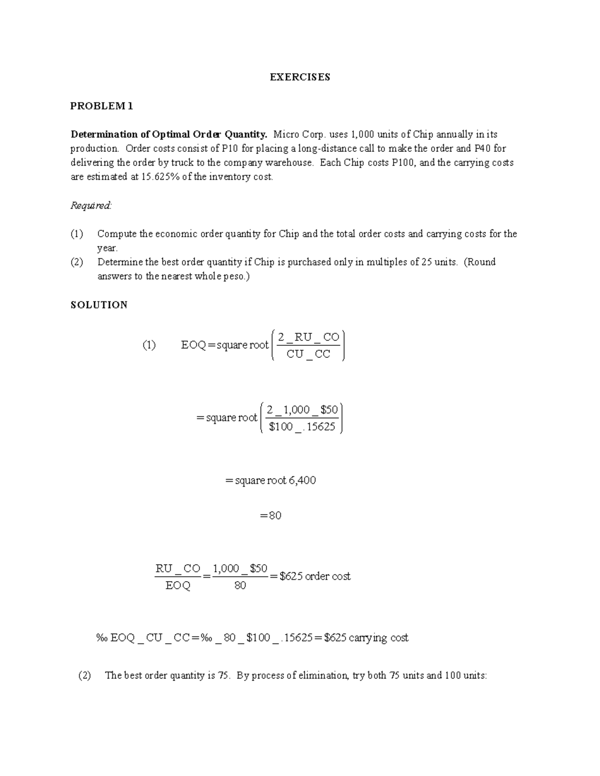 Exercises (Determination of Optimal Order Quantity) - EXERCISES PROBLEM 1 Determination of ...