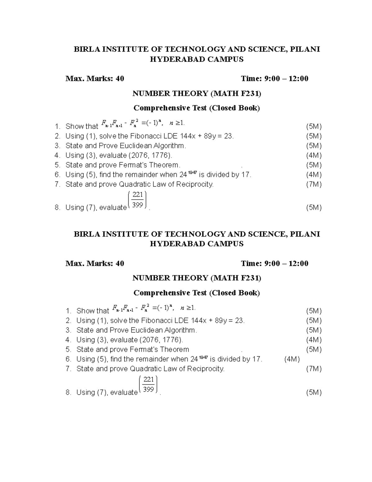 Comprehensive+Exam+Question+Paper - BIRLA INSTITUTE OF TECHNOLOGY AND SCIENCE, PILANI HYDERABAD ...