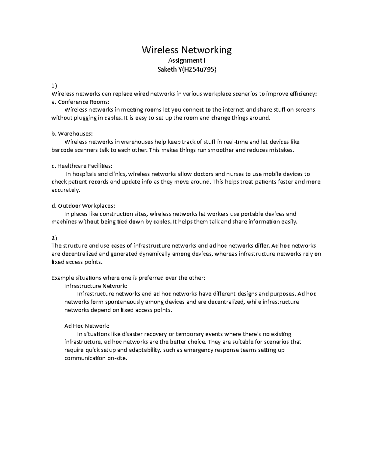 Wireless Networking saketh - Wireless Networking Assignment I Saketh Y(H254u795) 1) Wireless ...