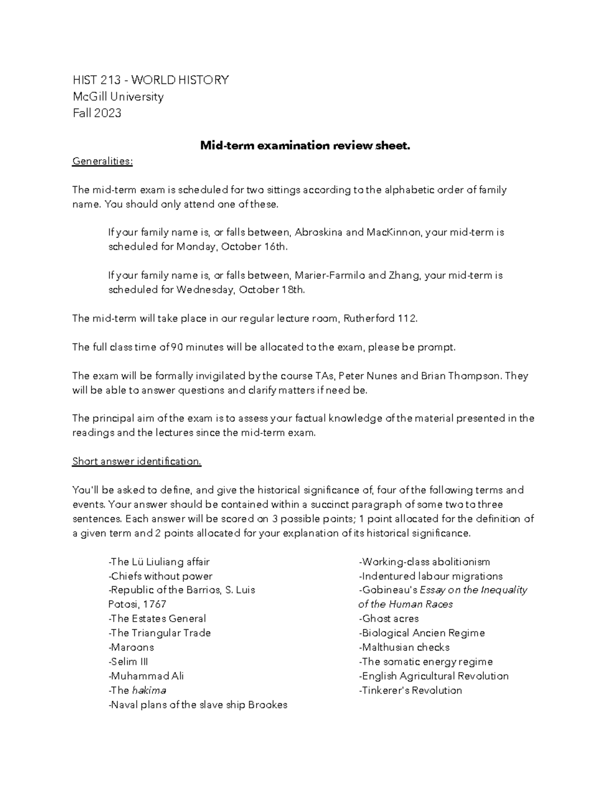 HIST 213 Mid-term examination review sheet 2023 - HIST 213 - WORLD ...