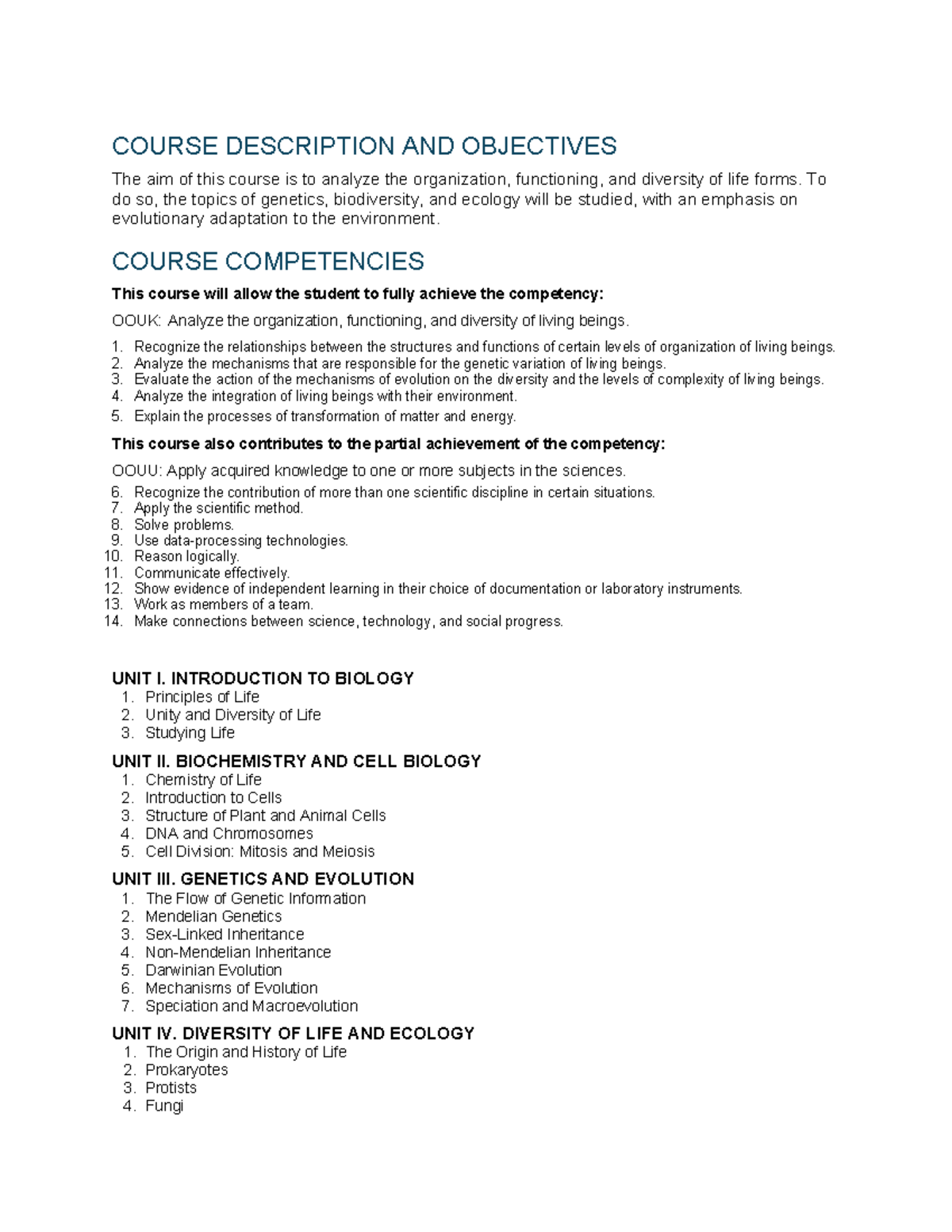 Course Description AND Objectives - COURSE DESCRIPTION AND OBJECTIVES ...